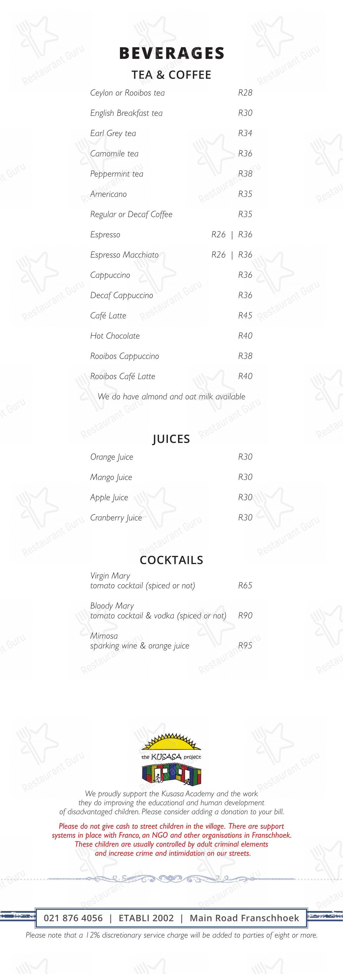 Menu at The French Connection Bistro restaurant, Franschhoek