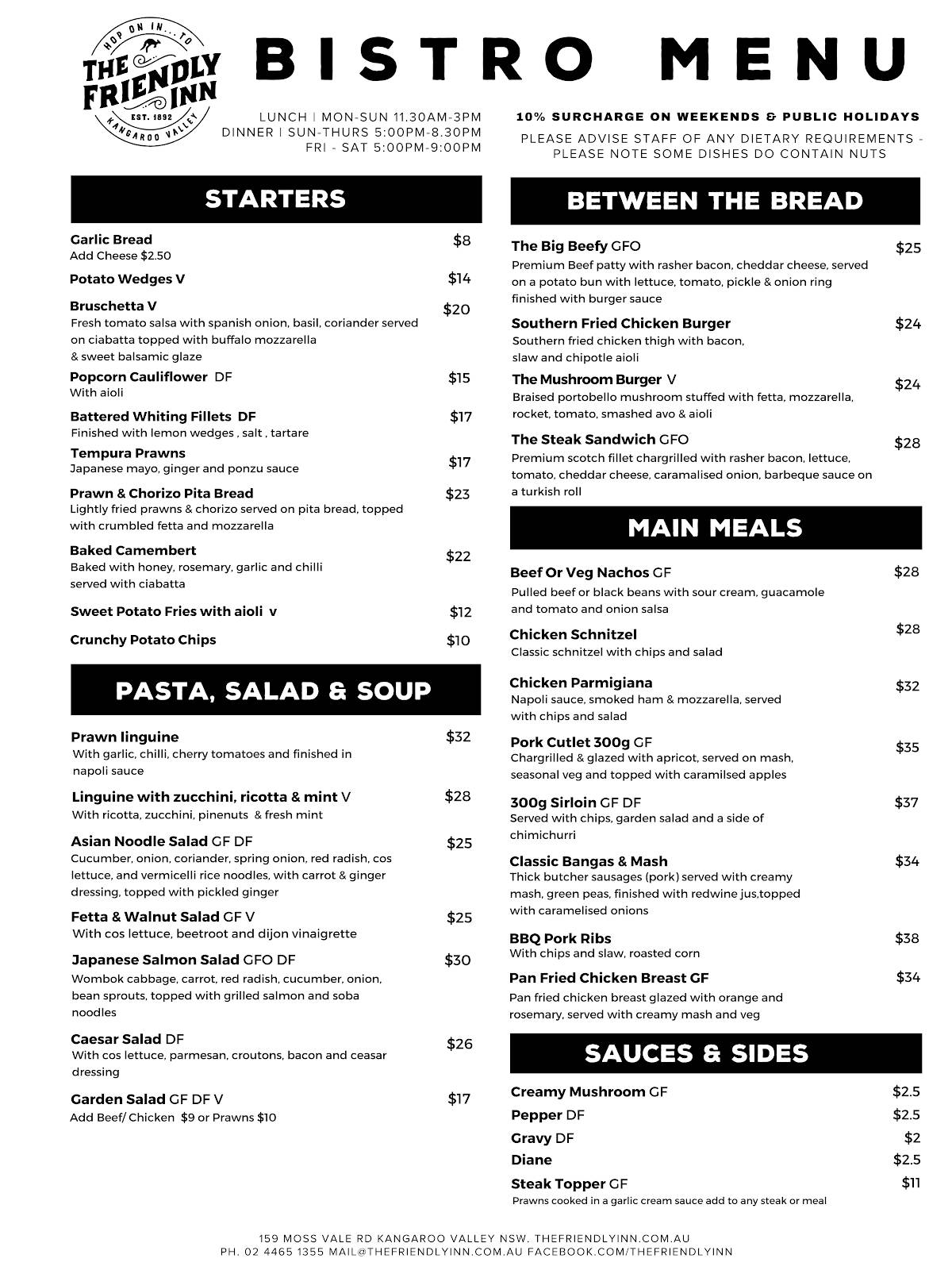 Menu at The Friendly Inn Hotel restaurant, Kangaroo Valley