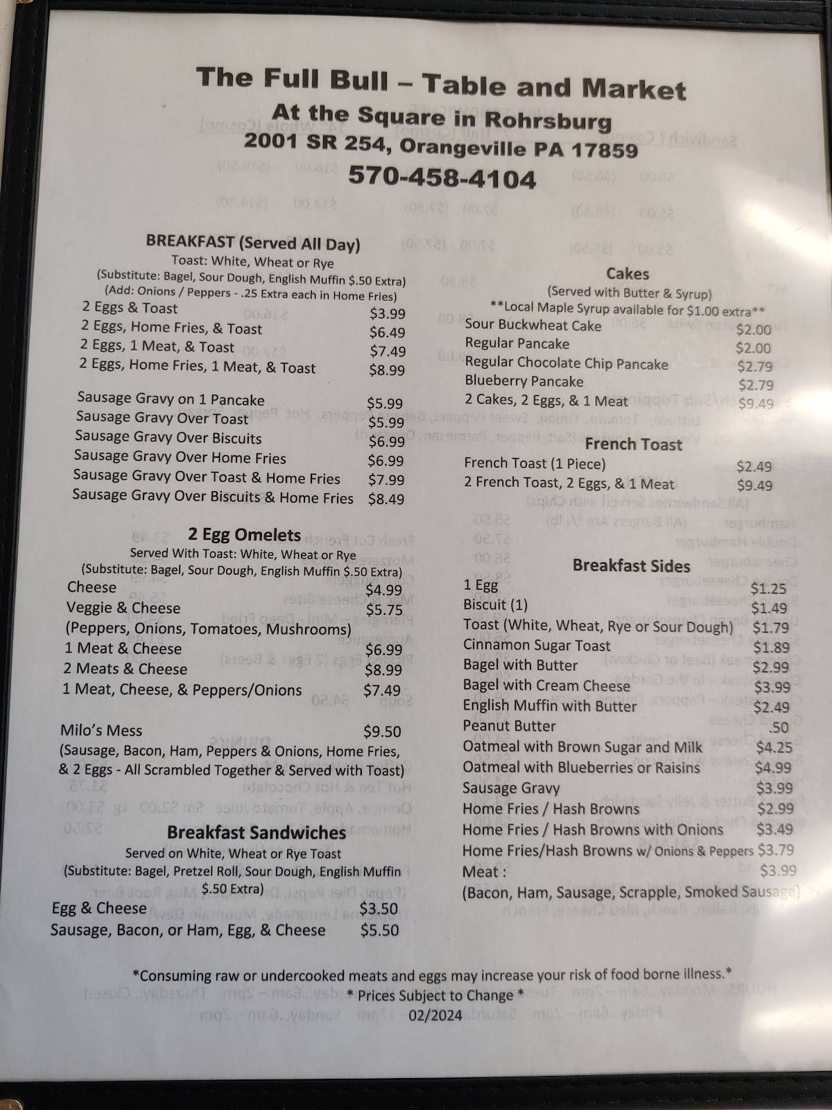Menu at The Full Bull Table & Market restaurant, Rohrsburg, State Rte 254