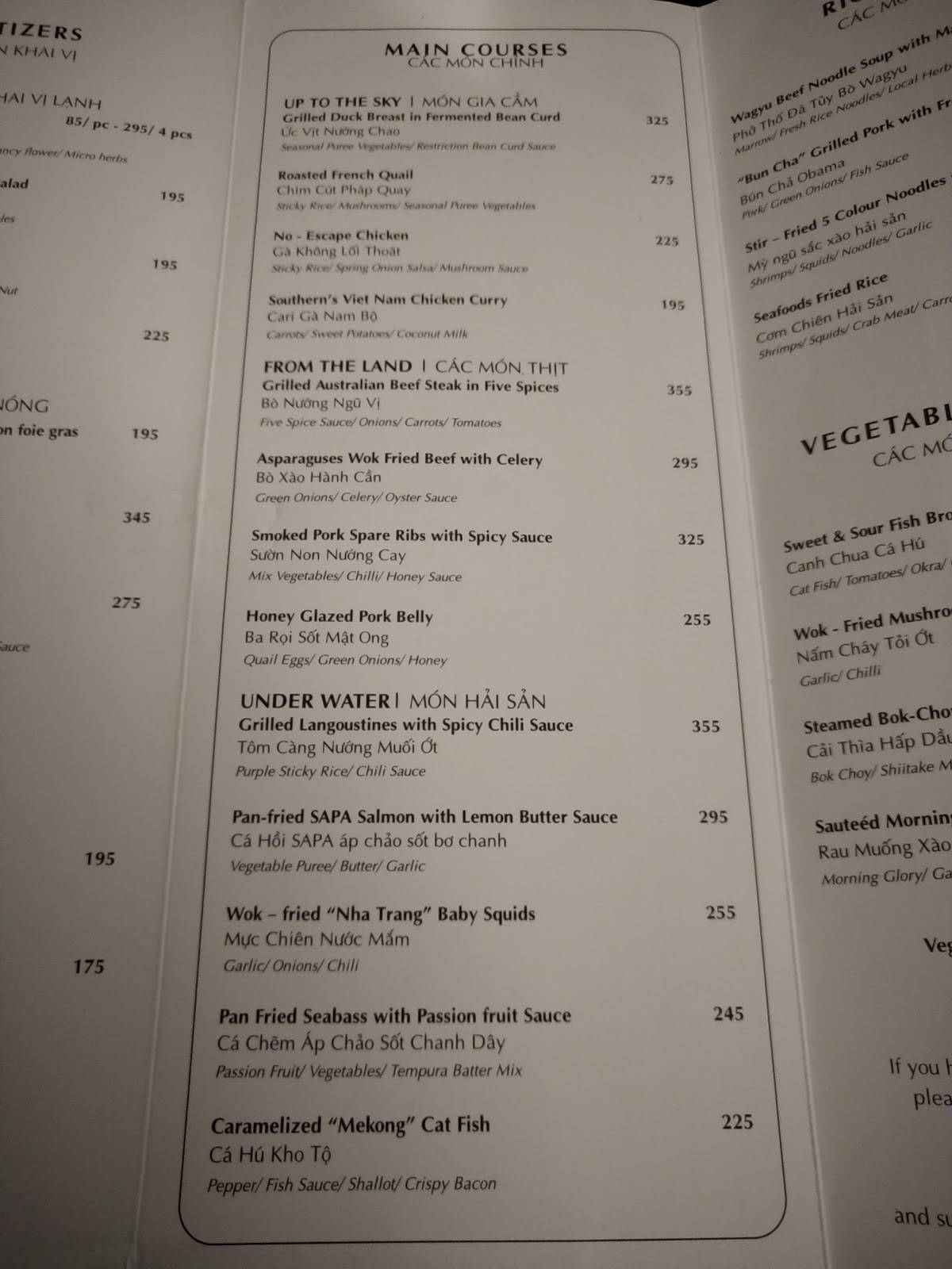 Menu at The Garlik restaurant, Ho Chi Minh City