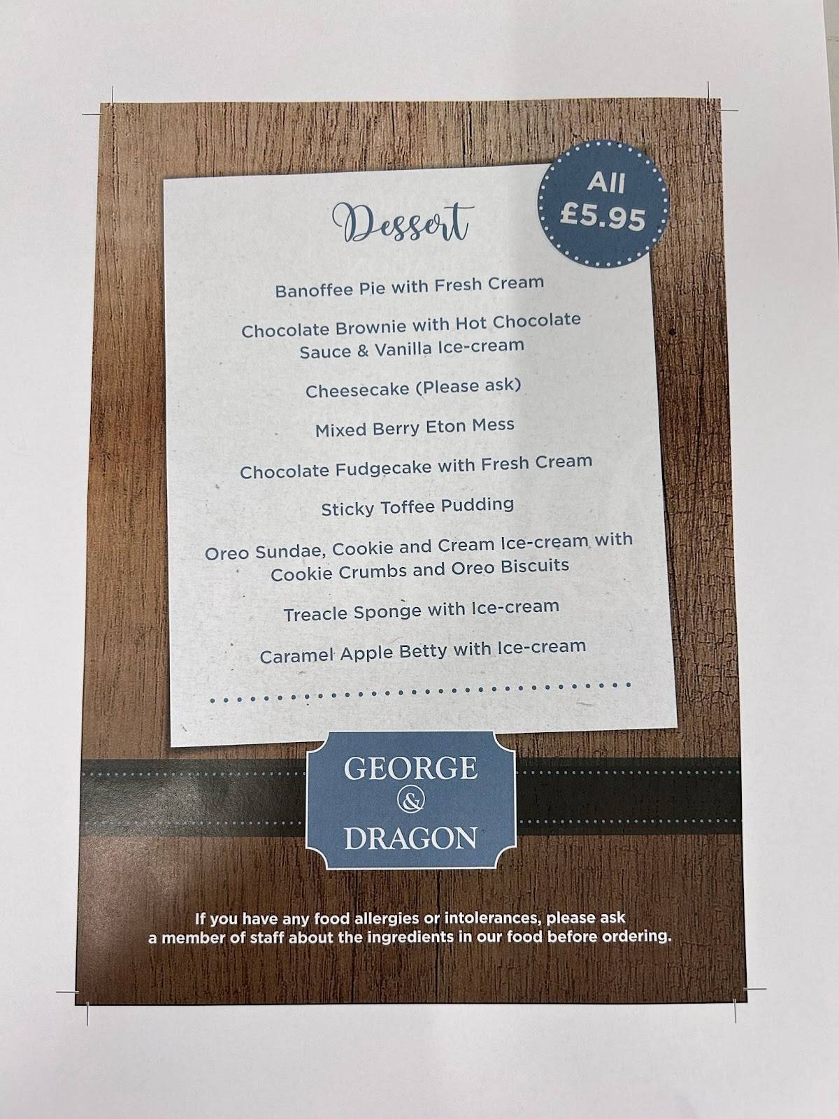 Menu at The George & Dragon pub & bar, Newton Aycliffe