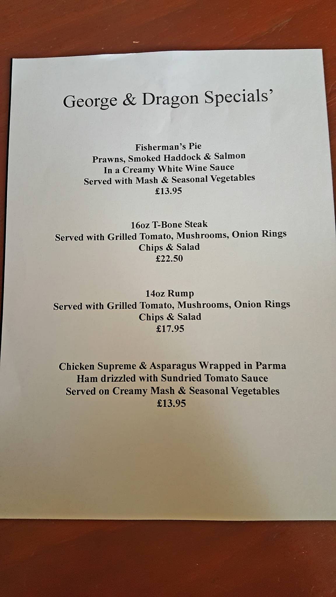 Menu at The George & Dragon pub & bar, Newton Aycliffe