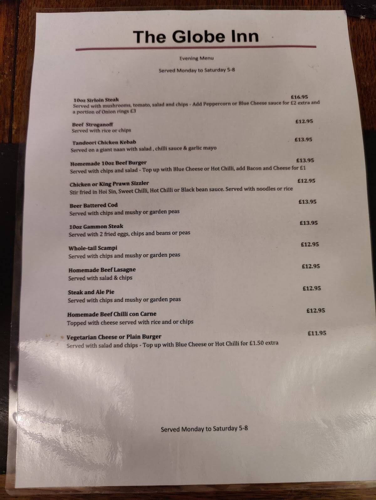 Menu at The Globe pub & bar, Nantwich