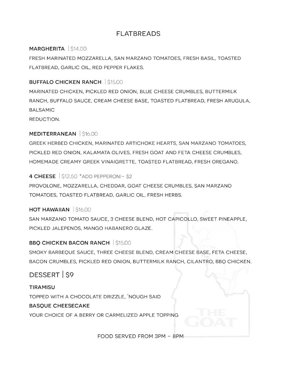 Menu at The Goat Lounge pub & bar, Coeur d'Alene