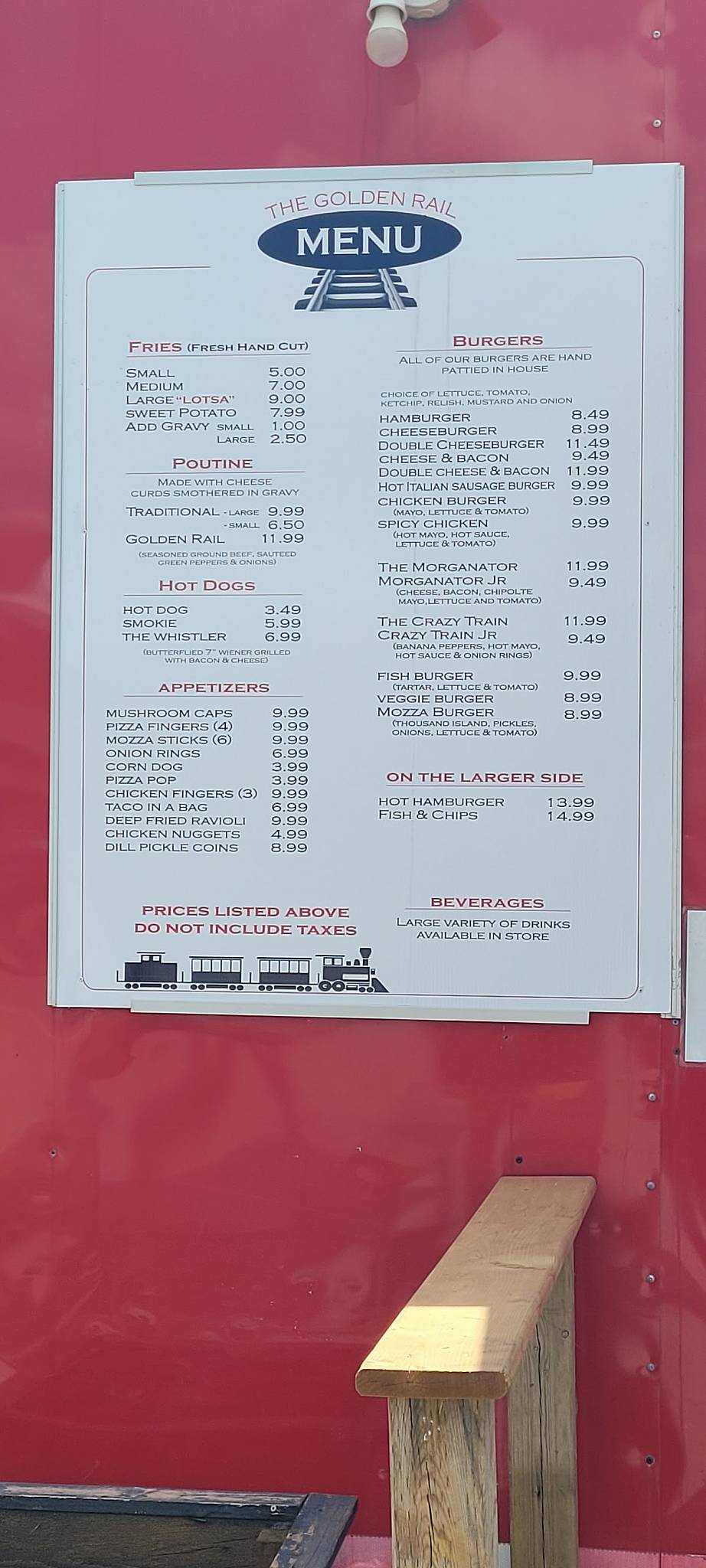 Menu au The Golden Rail restaurant, Schreiber