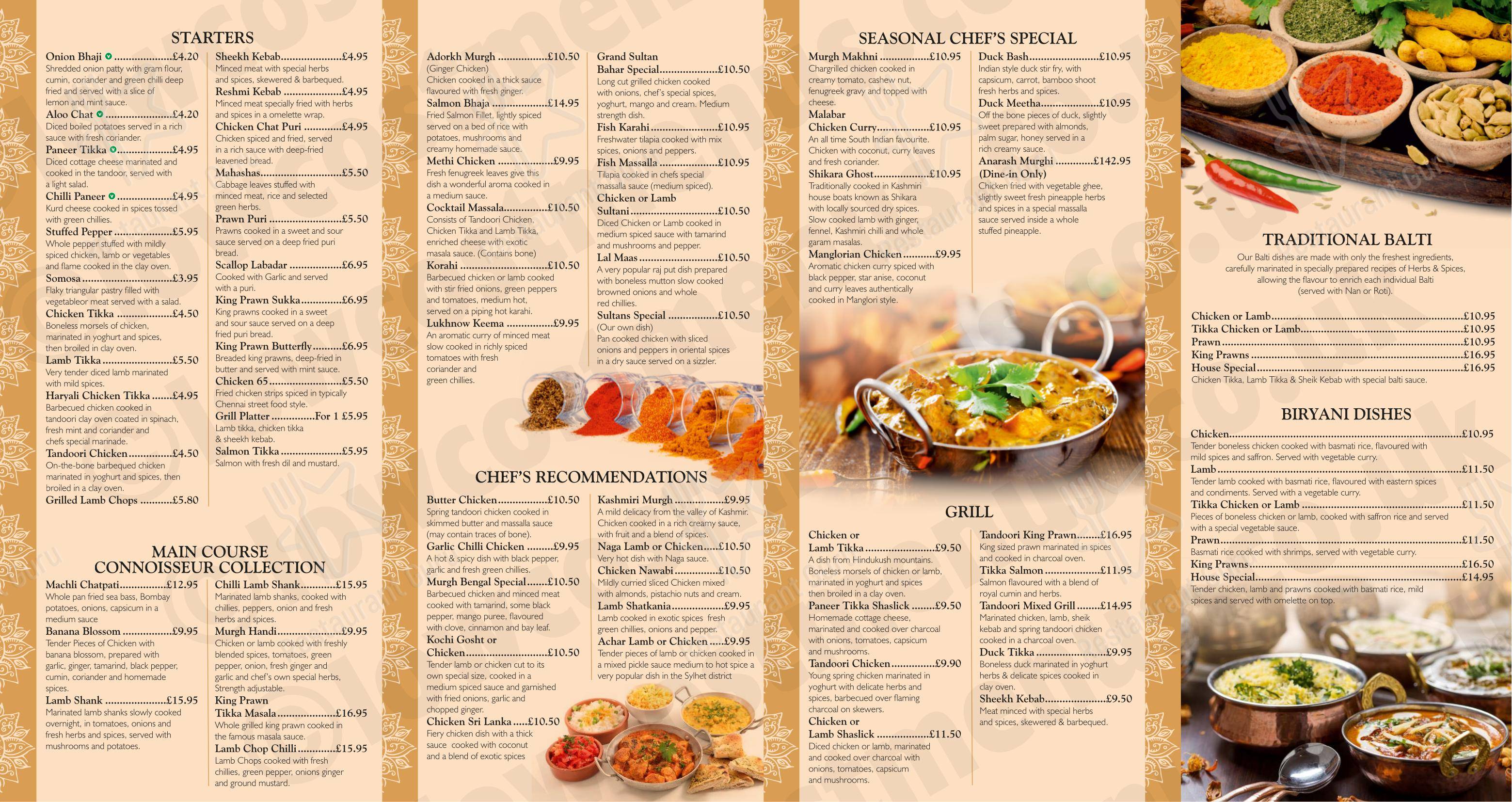Menu at The Grand Sultan restaurant, Port Talbot
