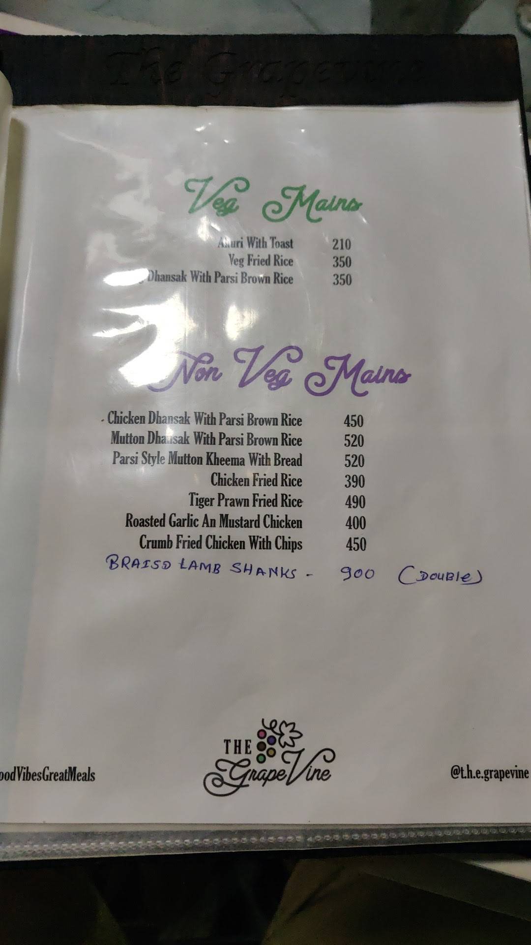Menu at The Grapevine Restaurant, Mahabaleshwar