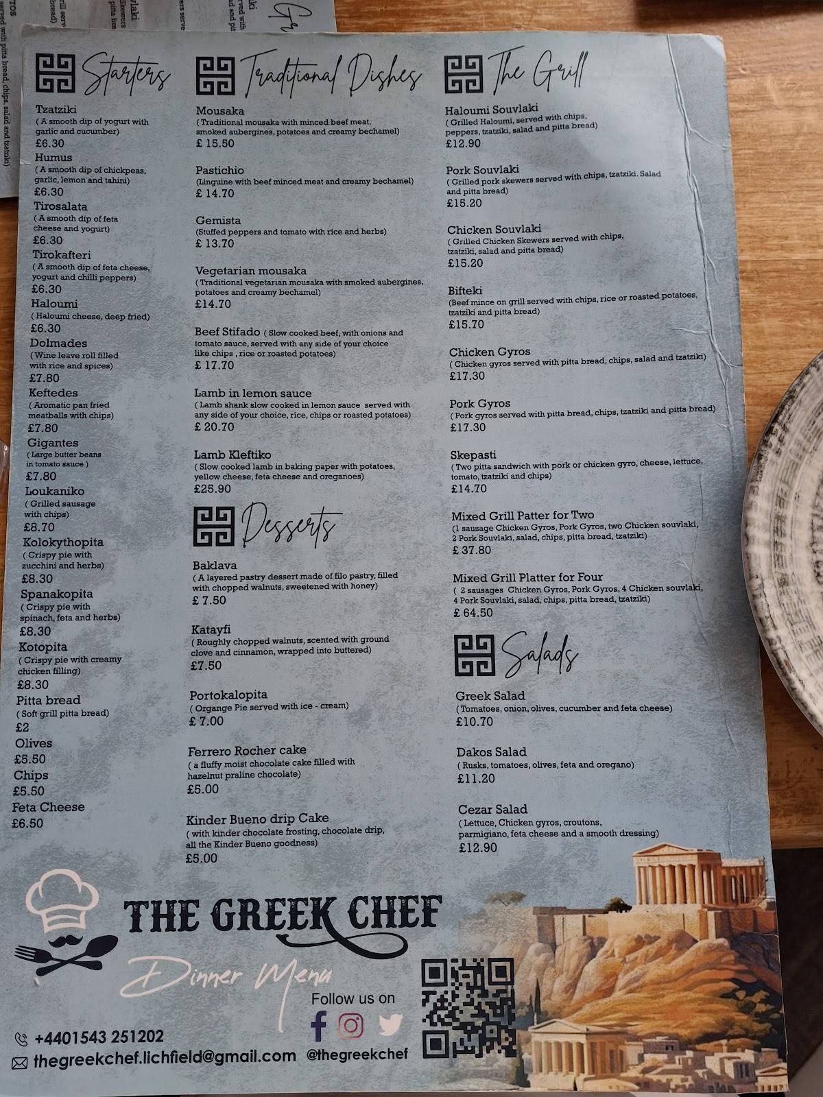 Menu at The Greek Chef restaurant, Lichfield
