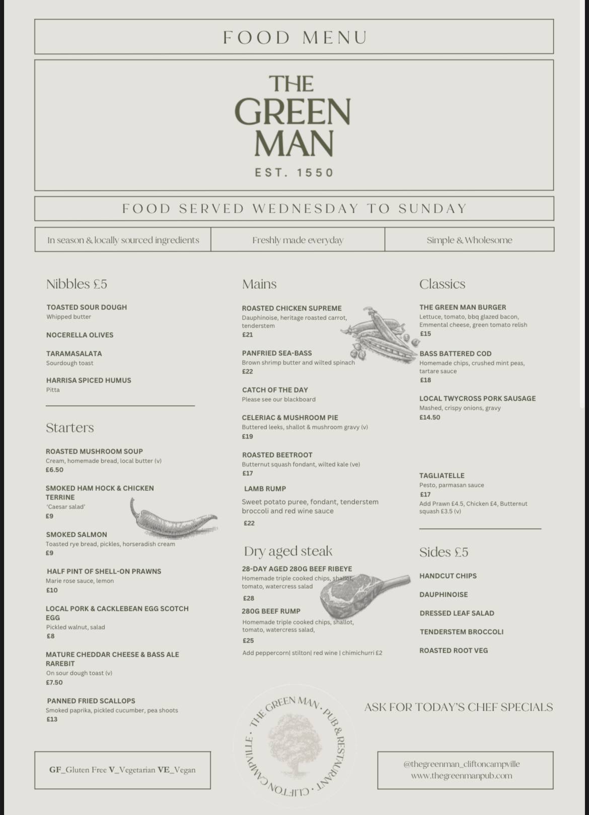 Menu at The Green Man, Tamworth pub & bar, Clifton Campville
