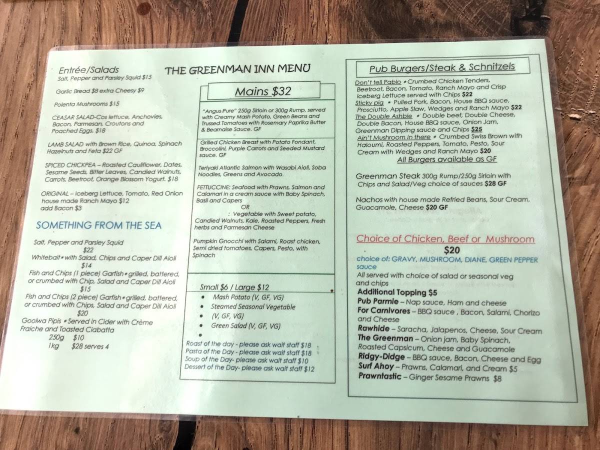 Menu at The Greenman Inn pub & bar, Ashbourne