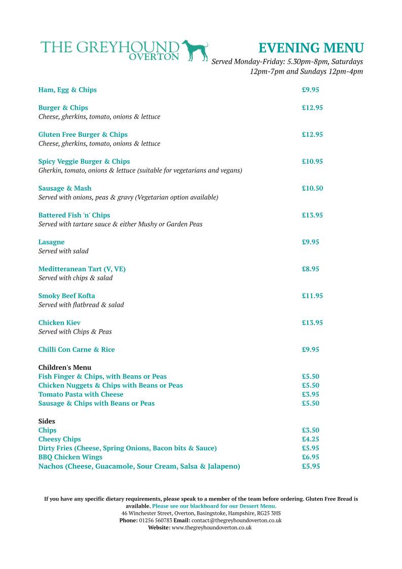 Menu at The Greyhound pub & bar, Overton