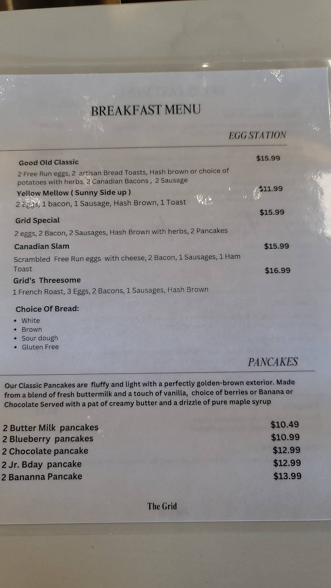 Menu at The Grid restaurant, Fort Saskatchewan