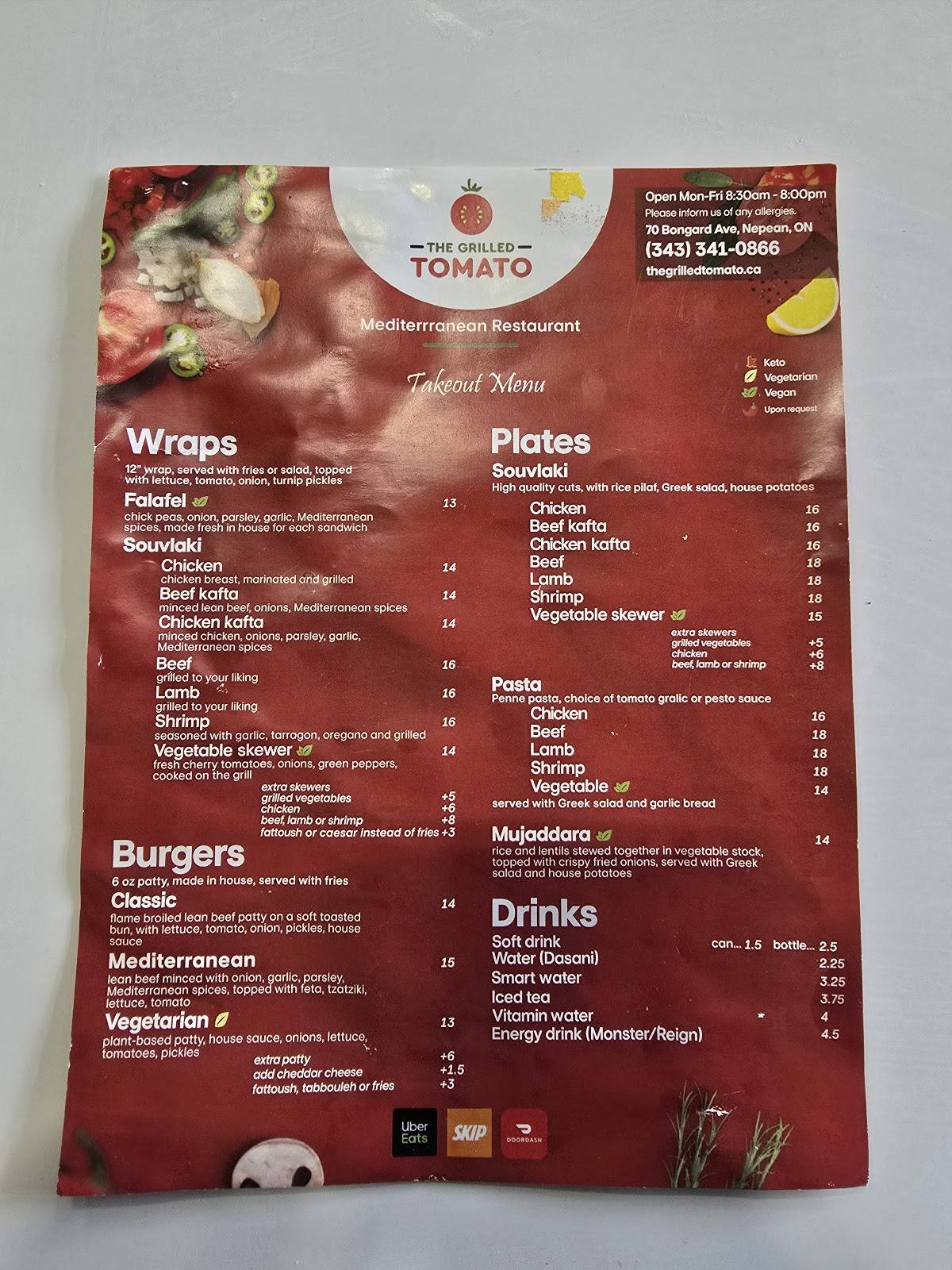 Menu at The Grilled Tomato restaurant, Ottawa