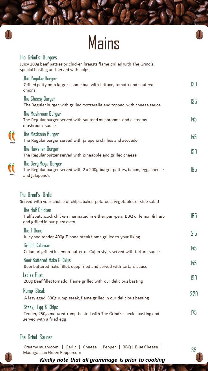 Menu at The Grind Cafe, Underberg