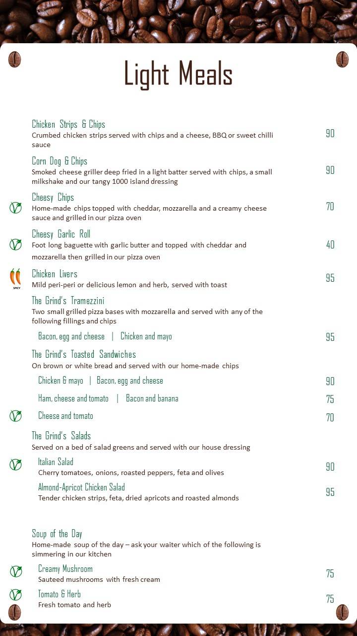 Menu at The Grind Cafe, Underberg