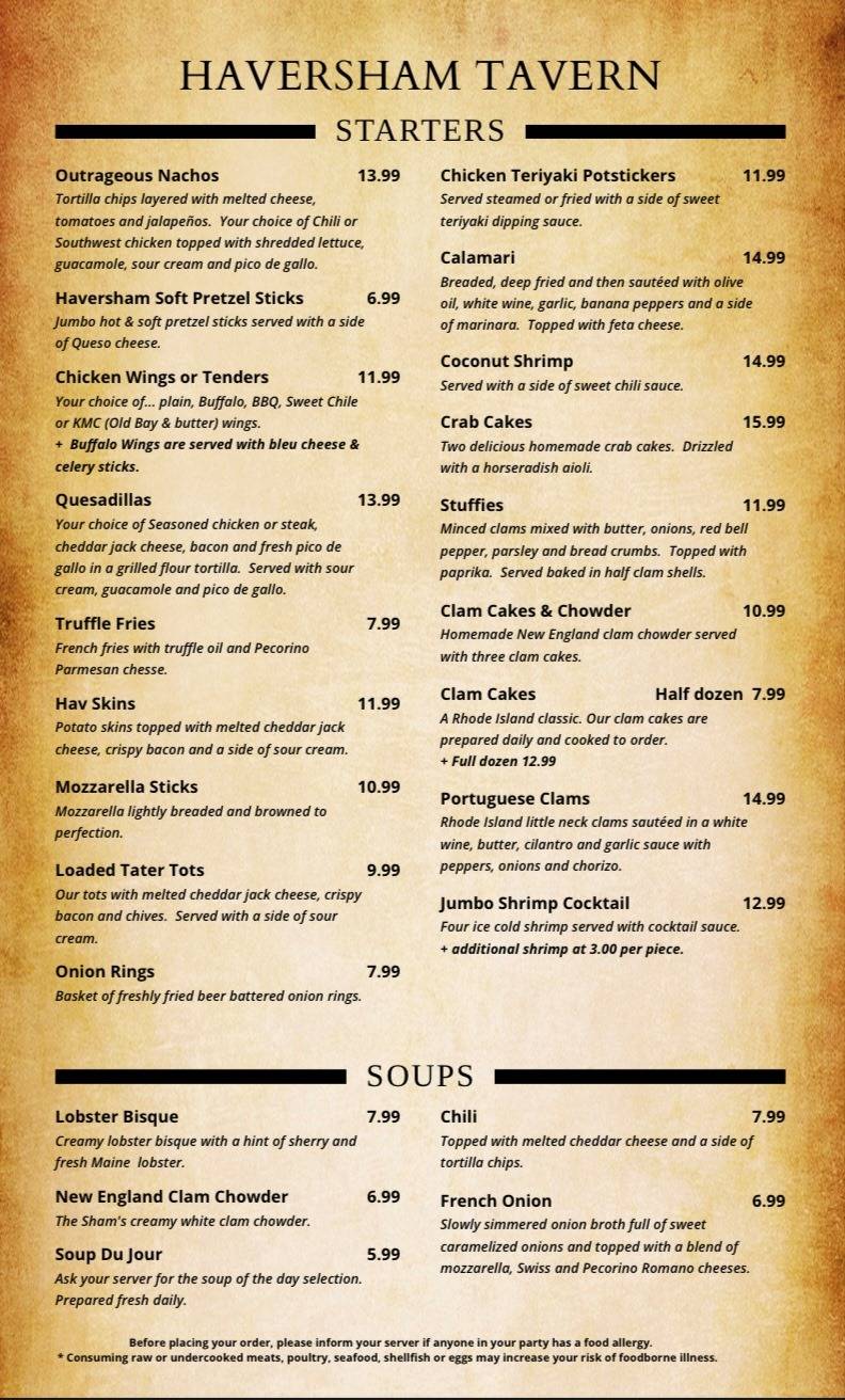 Menu at The Haversham restaurant, Westerly