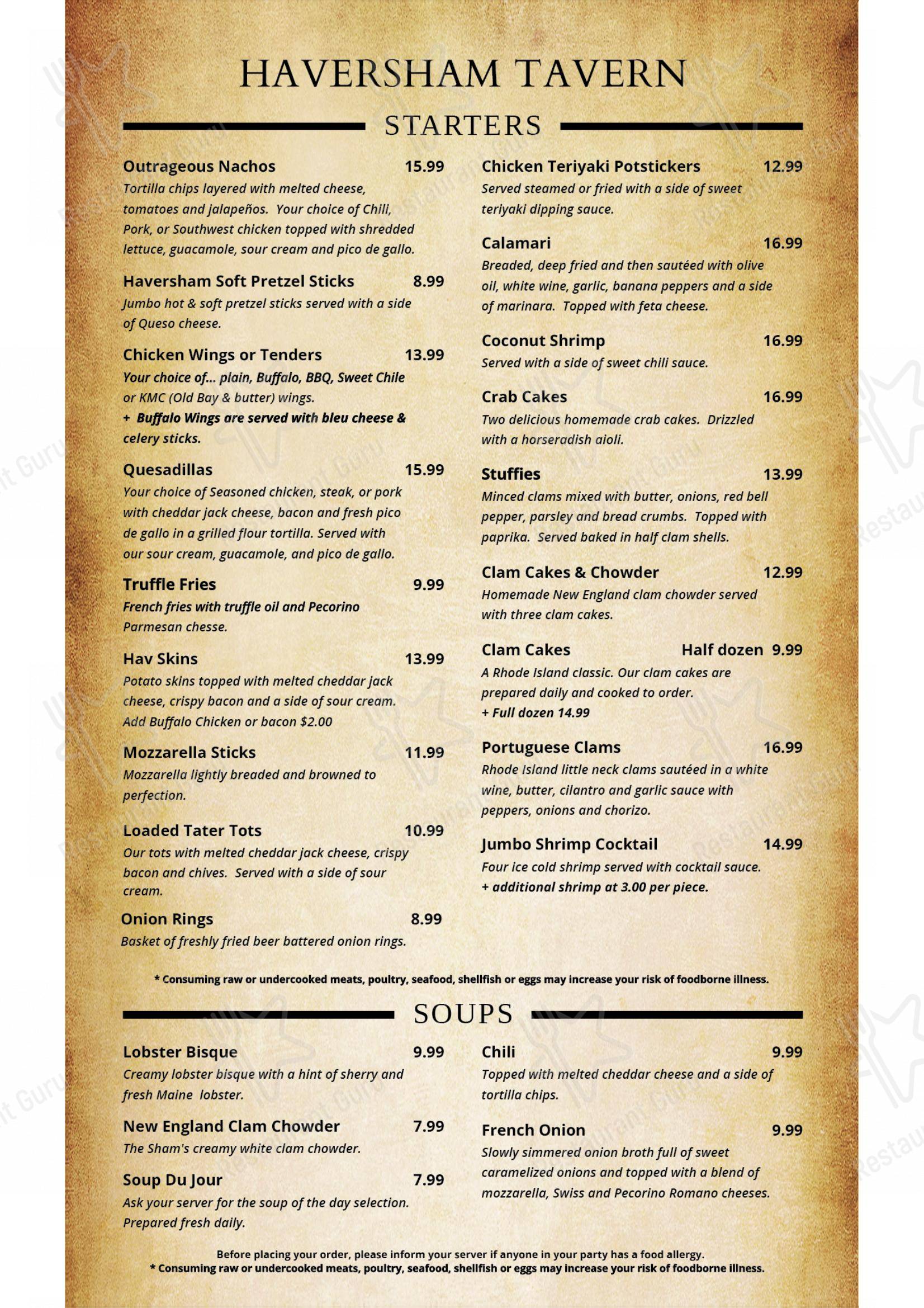 Menu at The Haversham Tavern restaurant, Westerly