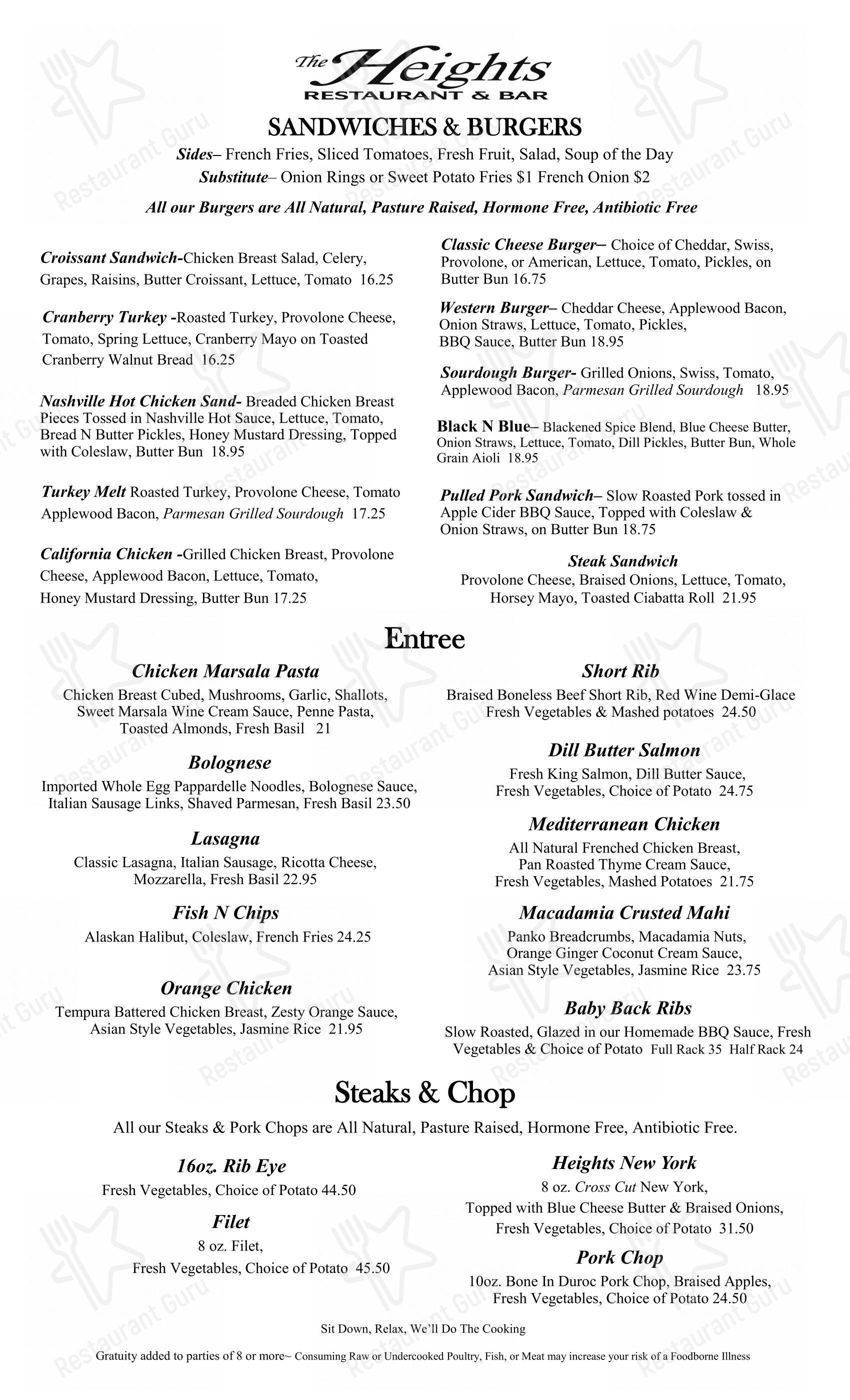 Menu at The Heights Restaurant & Bar, Upland, N Campus Ave