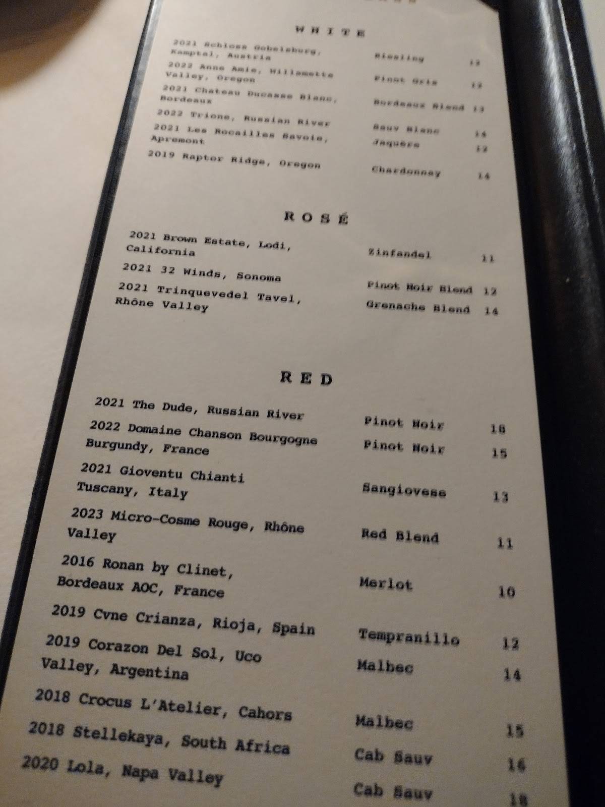 Menu at The Hemingway steakhouse, Tulsa