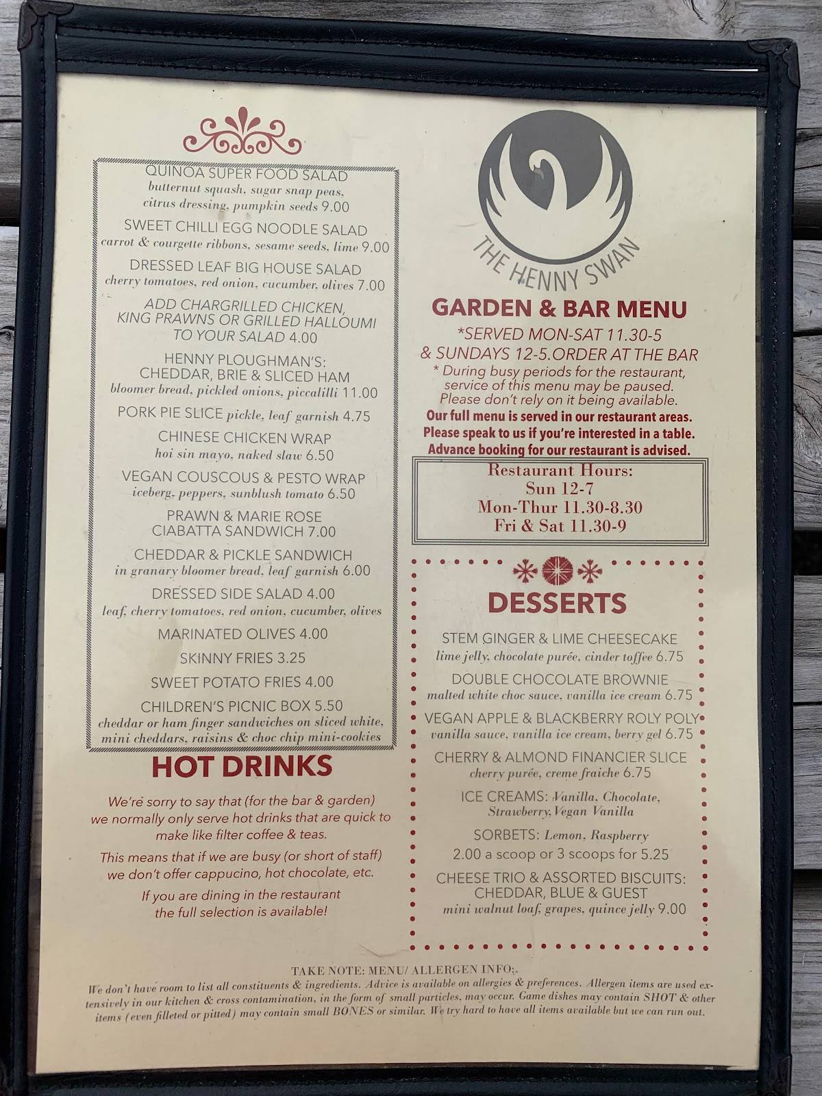 Menu at The Henny Swan restaurant, Sudbury, Henny Rd