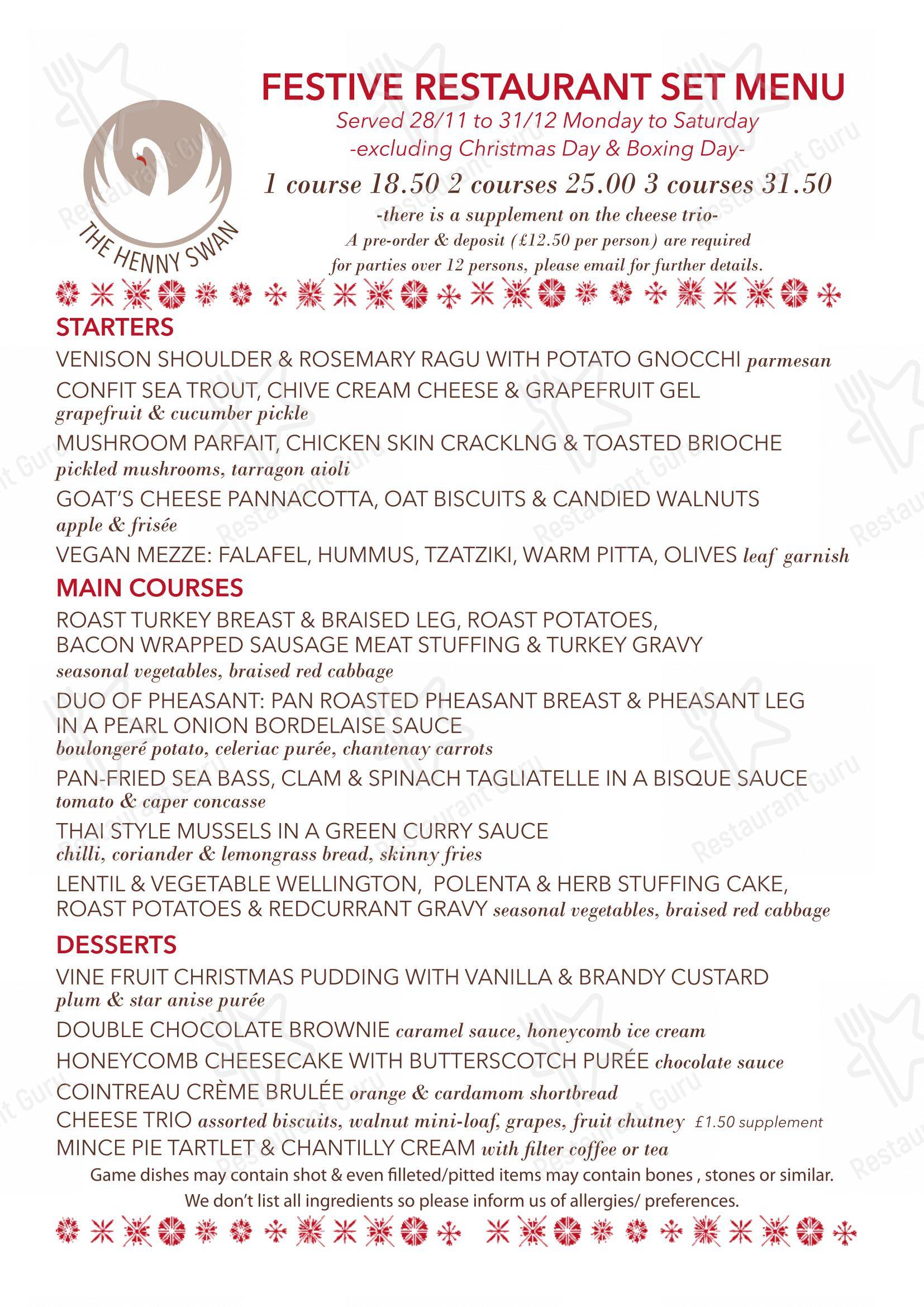 Menu at The Henny Swan restaurant, Sudbury, Henny Rd