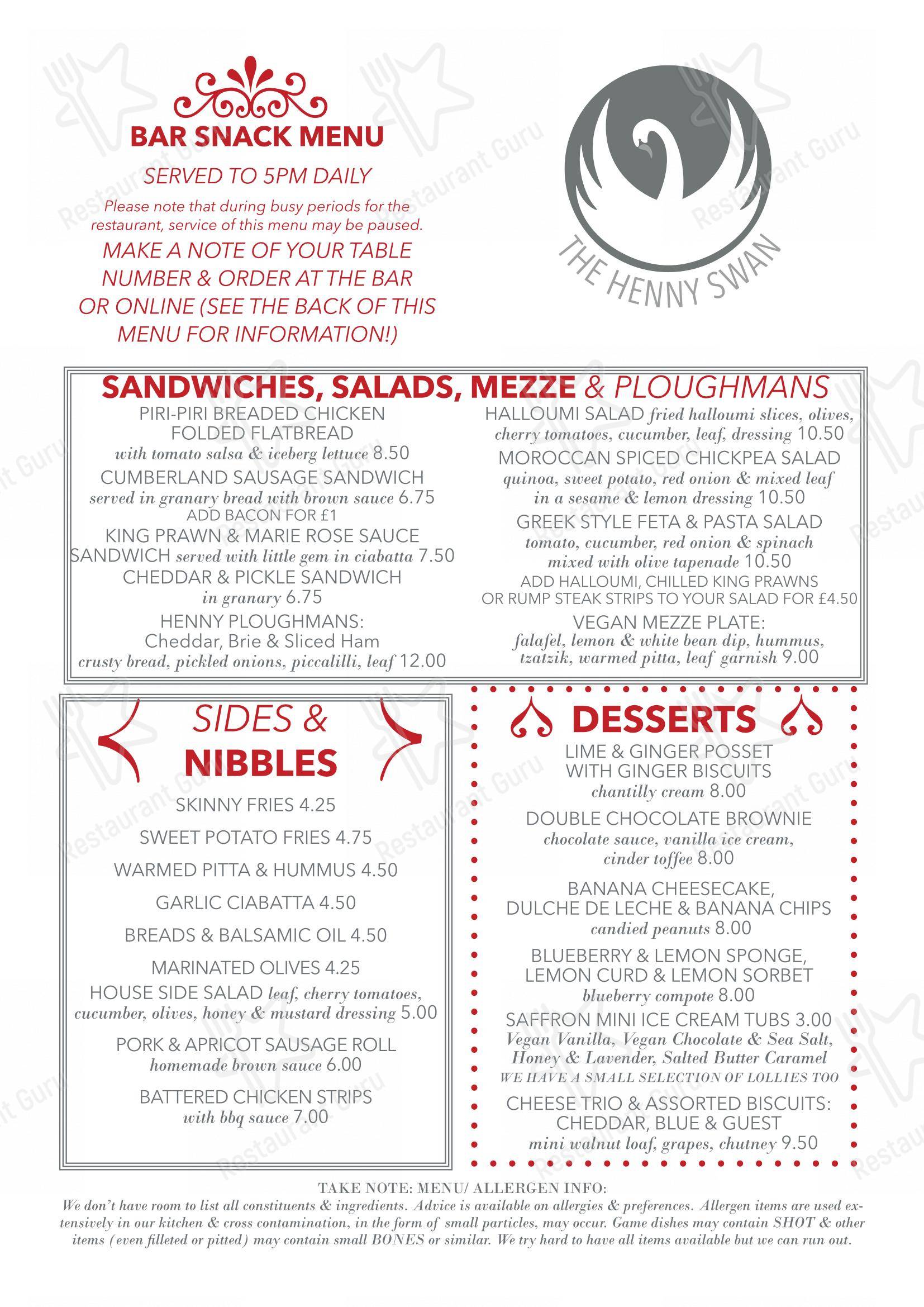 Menu at The Henny Swan restaurant, Sudbury, Henny Rd