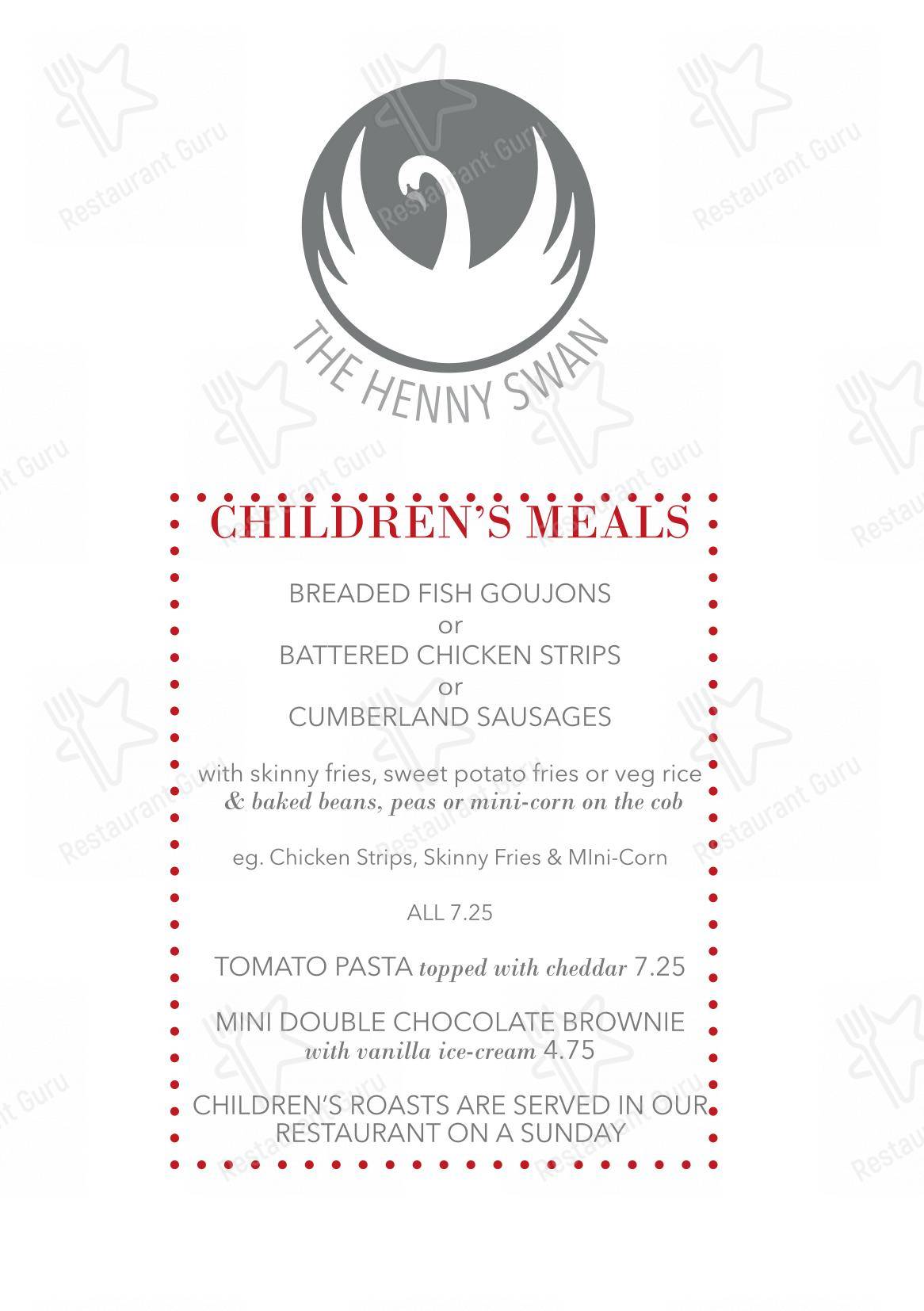 Menu at The Henny Swan restaurant, Sudbury, Henny Rd