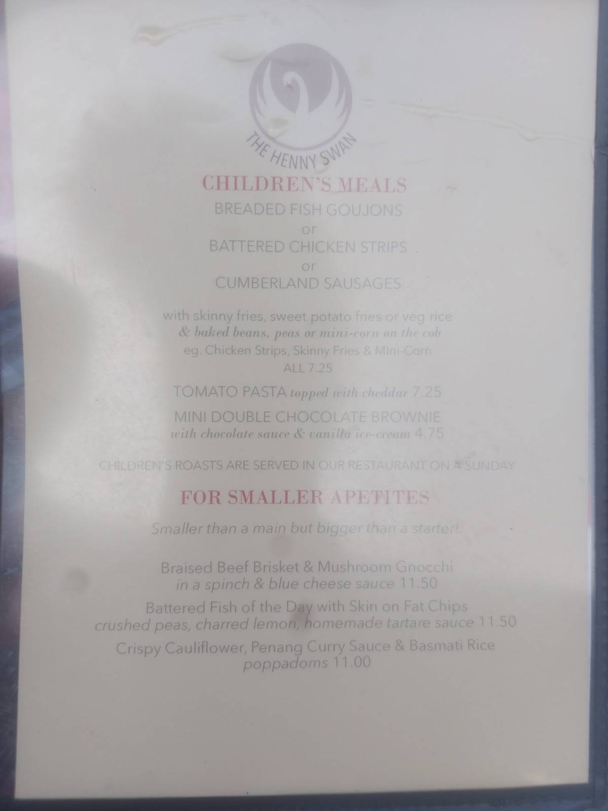 Menu at The Henny Swan restaurant, Sudbury, Henny Rd