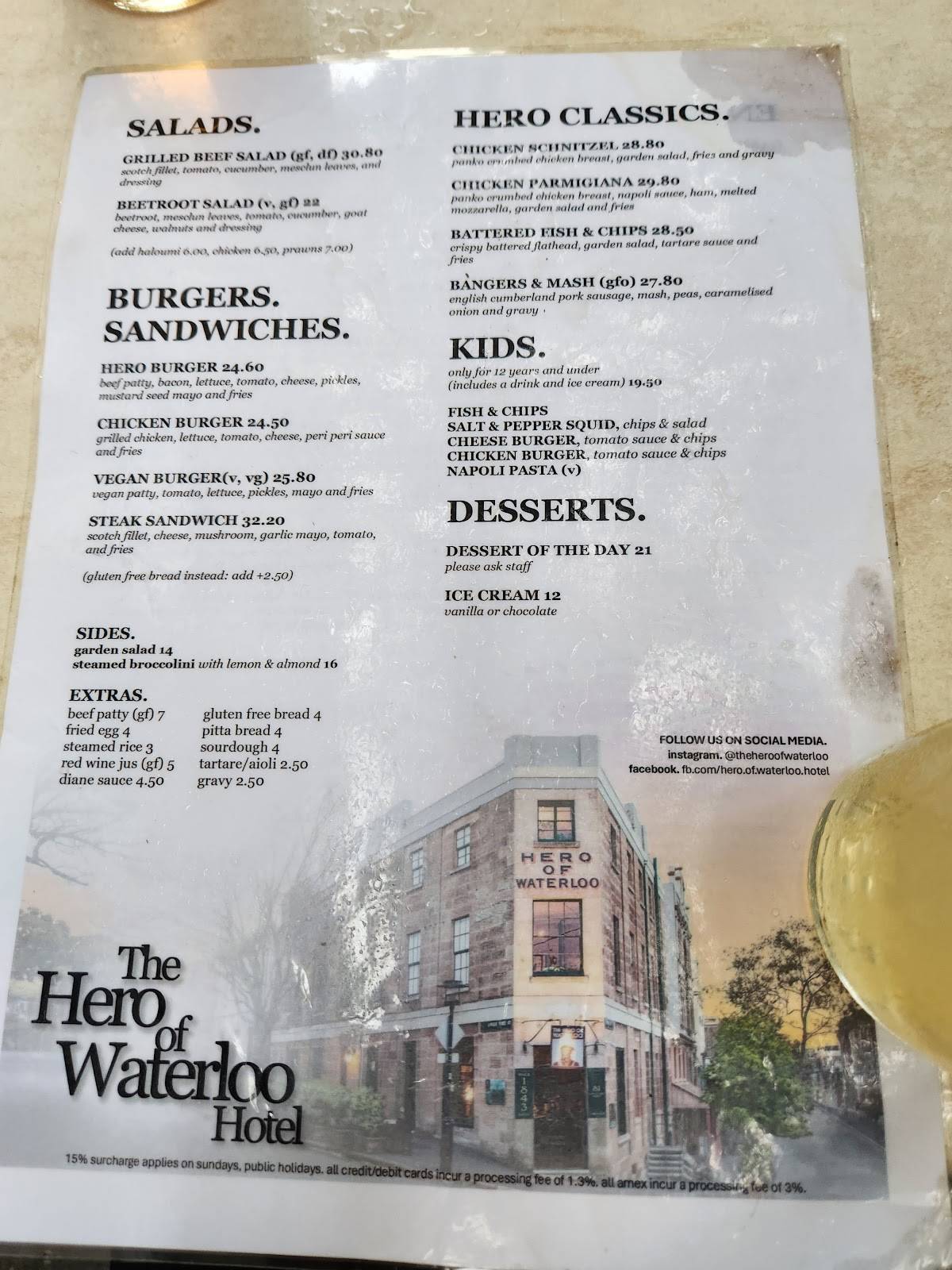 Menu at The Hero of Waterloo Hotel restaurant, Sydney