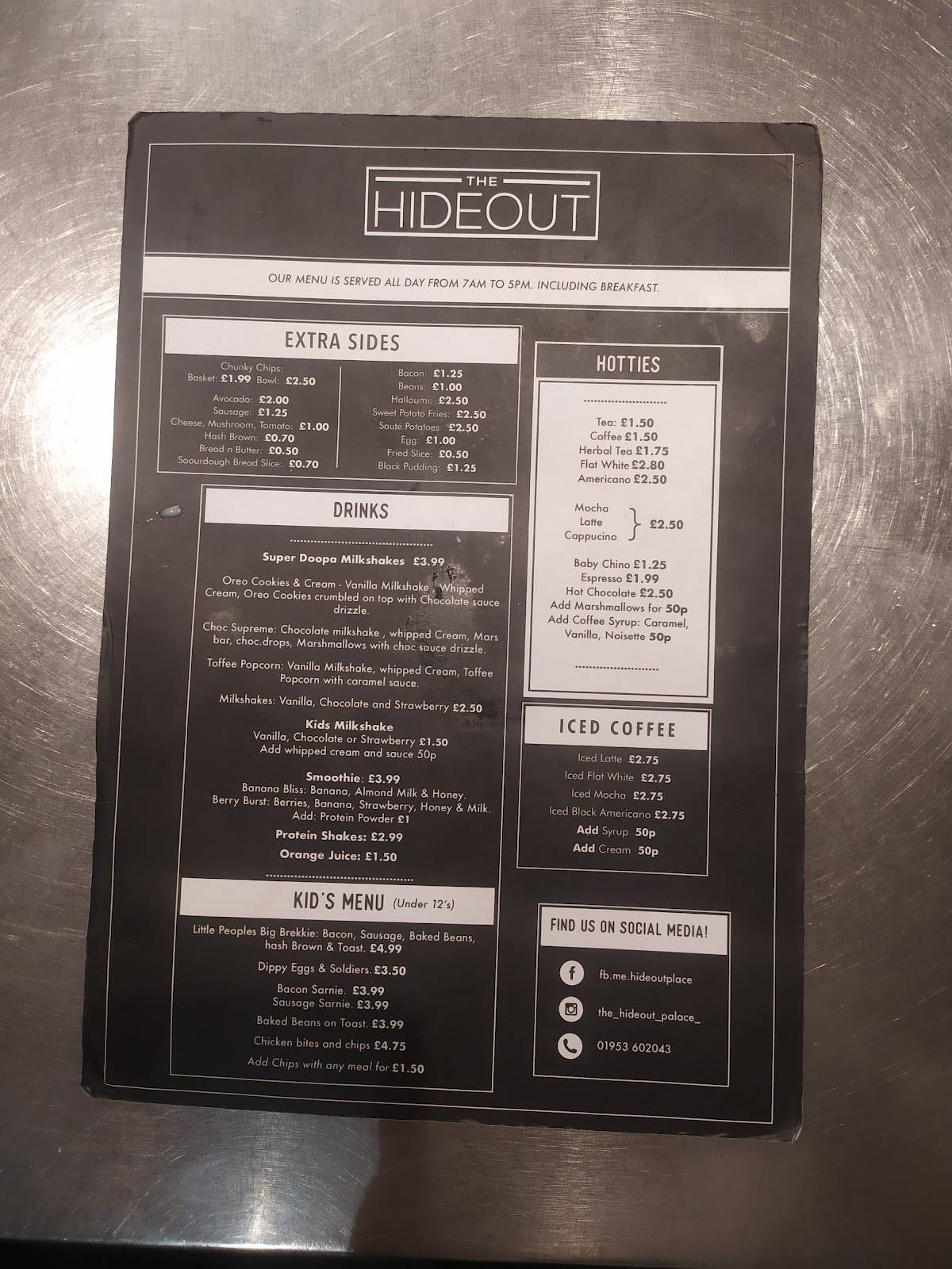 Menu at The Hideout cafe, Wymondham