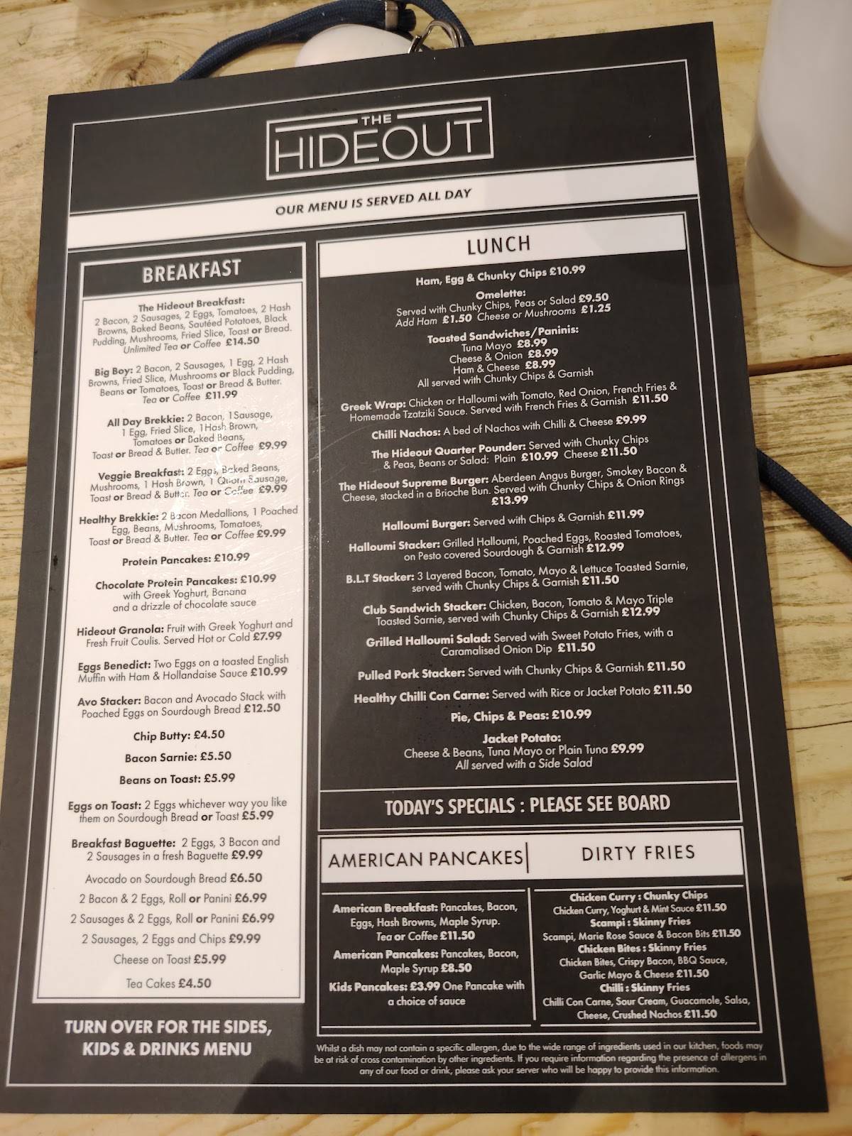 Menu at The Hideout cafe, Wymondham