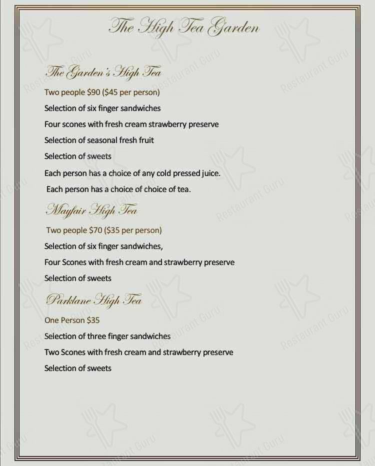 Menu at The High Tea Garden cafe, Lane Cove