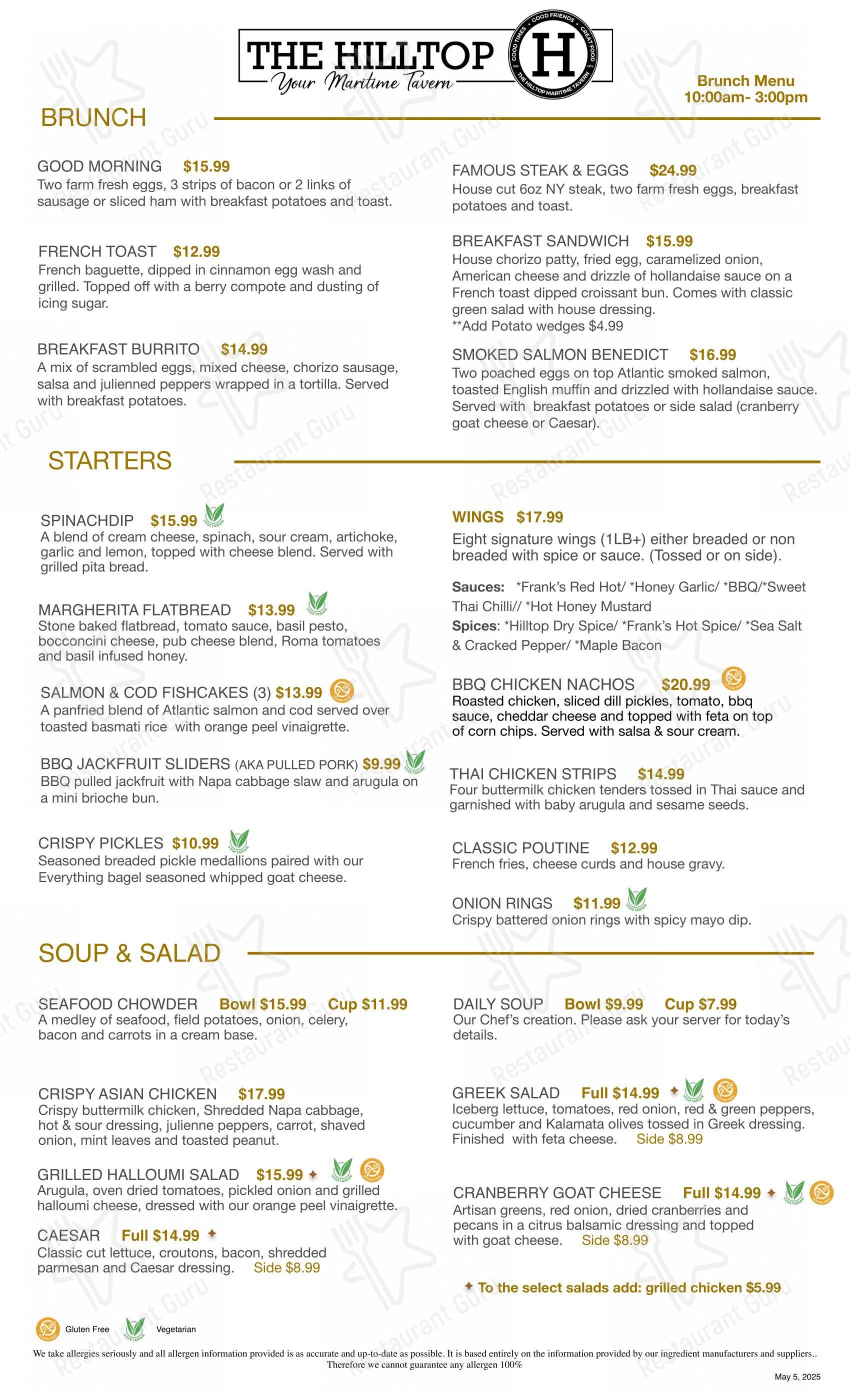 Menu at The Hilltop Maritime Tavern pub & bar, Fredericton