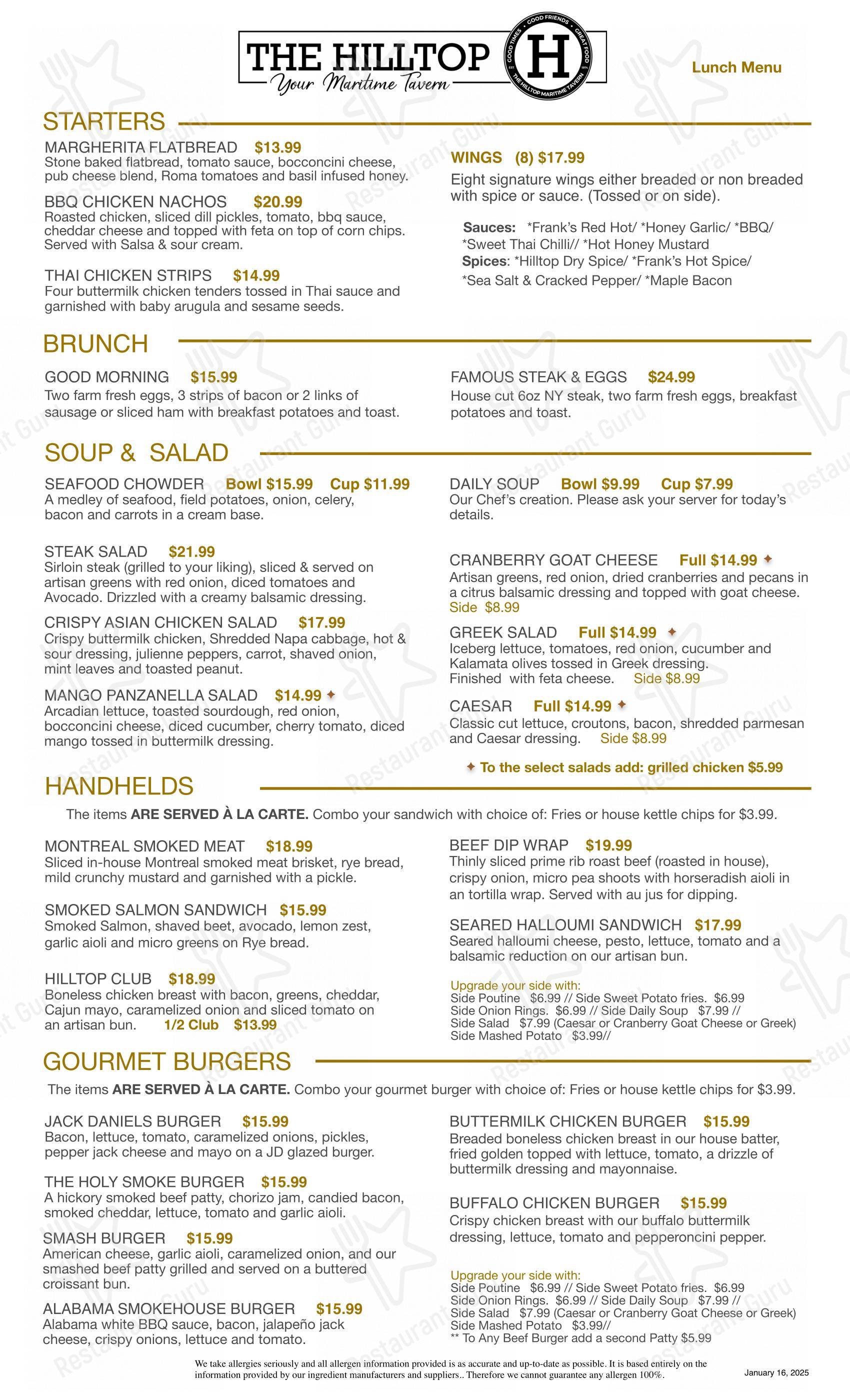 Menu at The Hilltop Maritime Tavern pub & bar, Fredericton