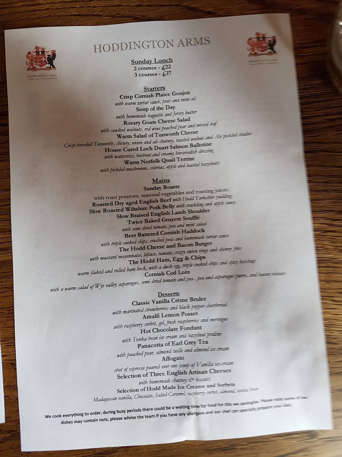 Menu at The Hoddington Arms pub & bar, Old Basing