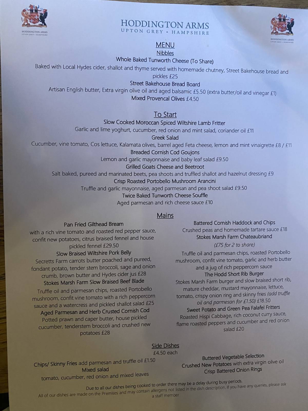 Menu at The Hoddington Arms pub & bar, Old Basing