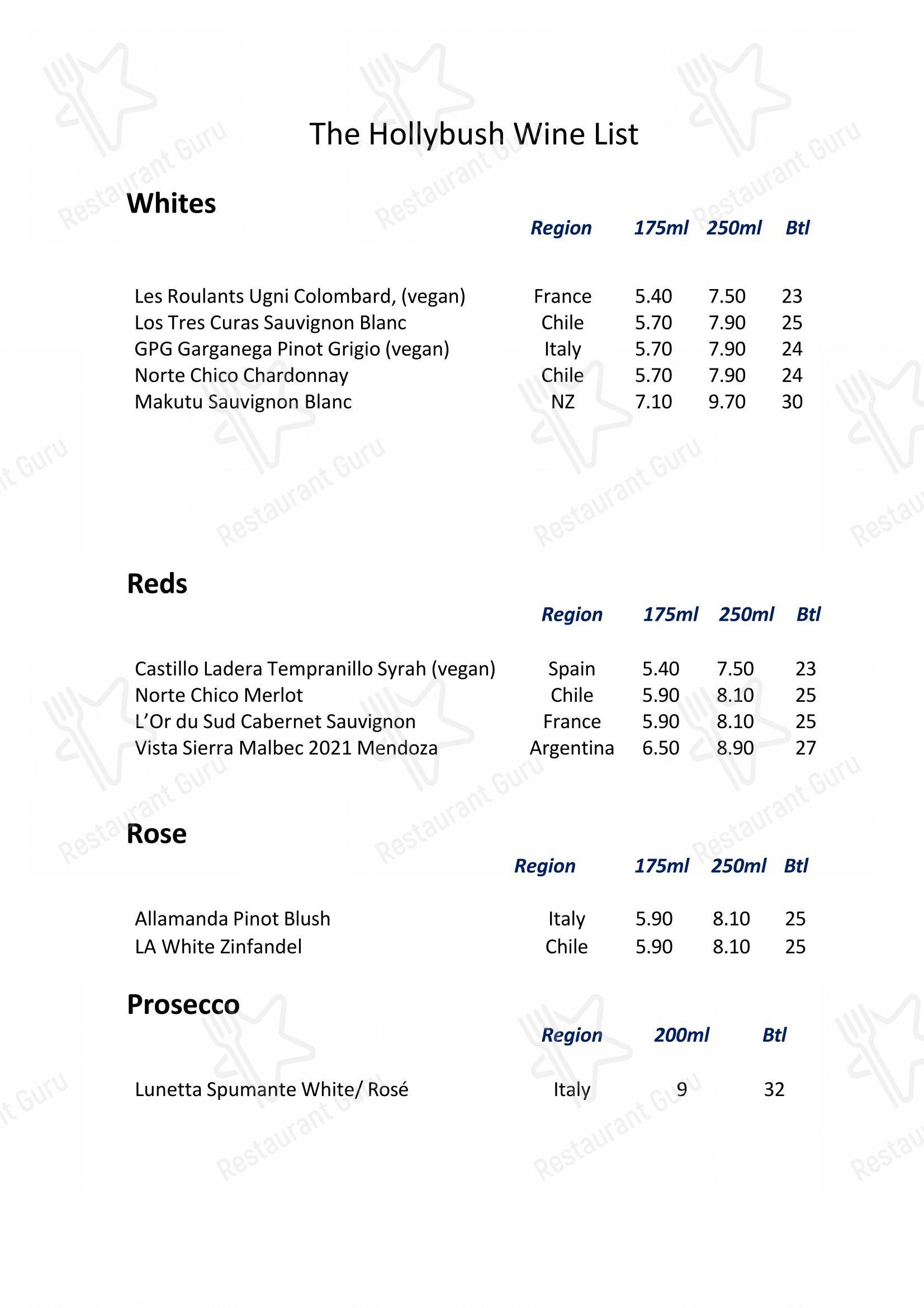 Menu at The Hollybush Pub, Bristol, 29 Bath Rd