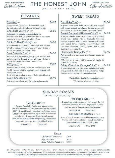 Menu at The Honest John Bar & Coffee Tavern, Todmorden