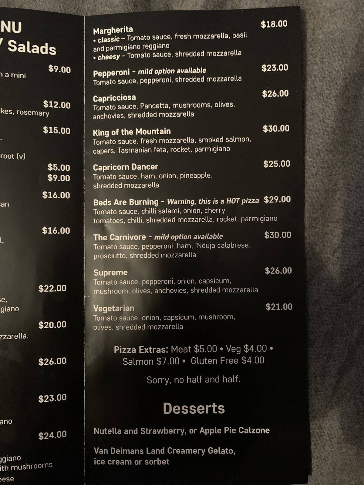 Menu at The Hub Pizza and Beer Binalong Bay restaurant, Binalong Bay