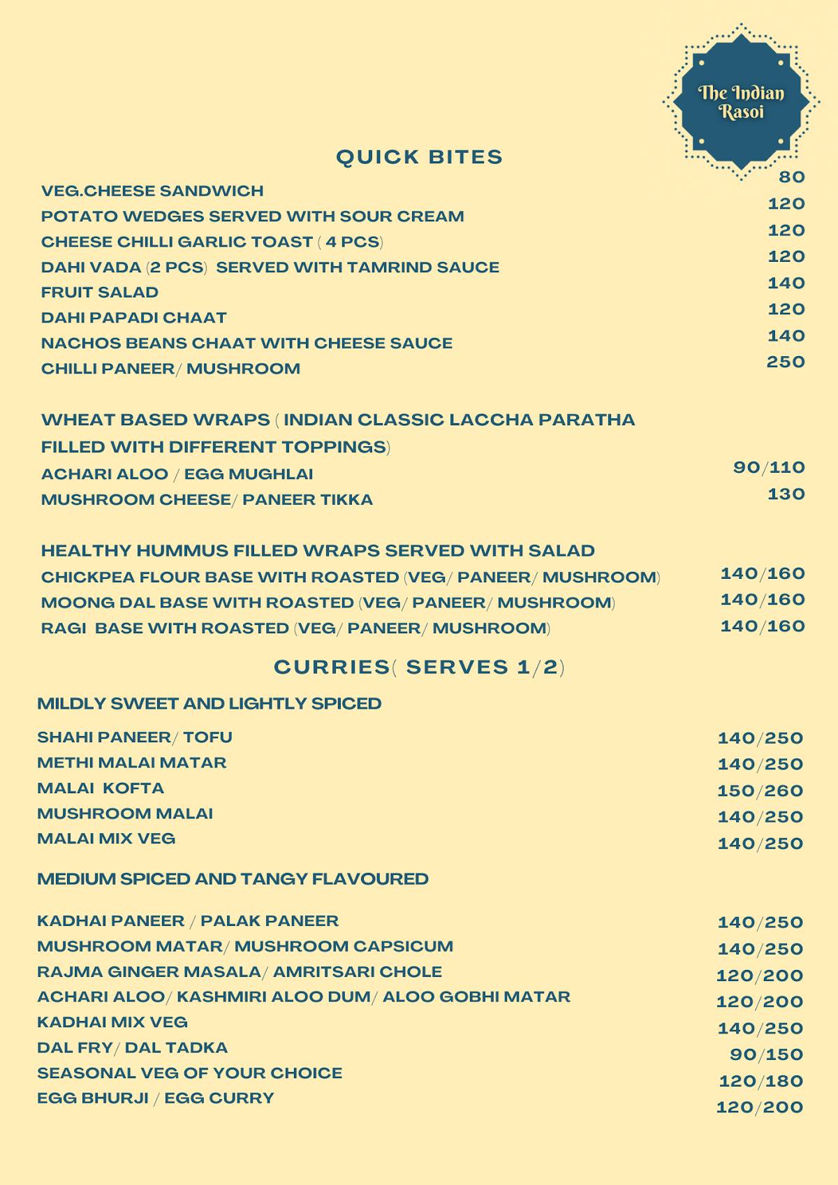 Menu at The Indian Rasoi, Rishikesh