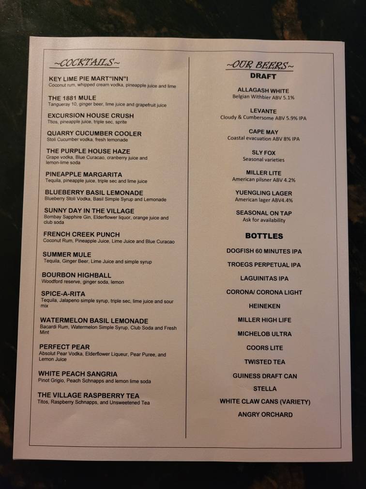 Menu at The Inn at St Peter's Village restaurant, USA