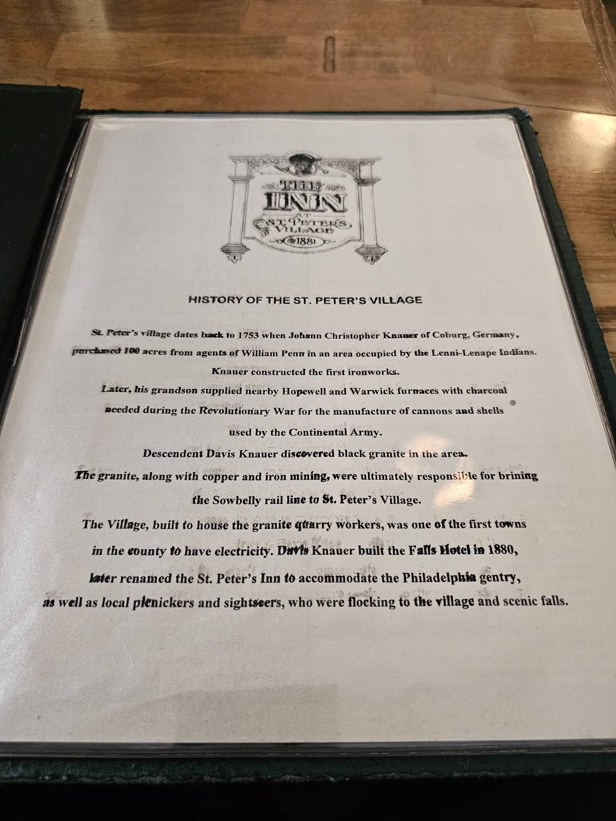 Menu at The Inn at St Peter's Village restaurant, USA