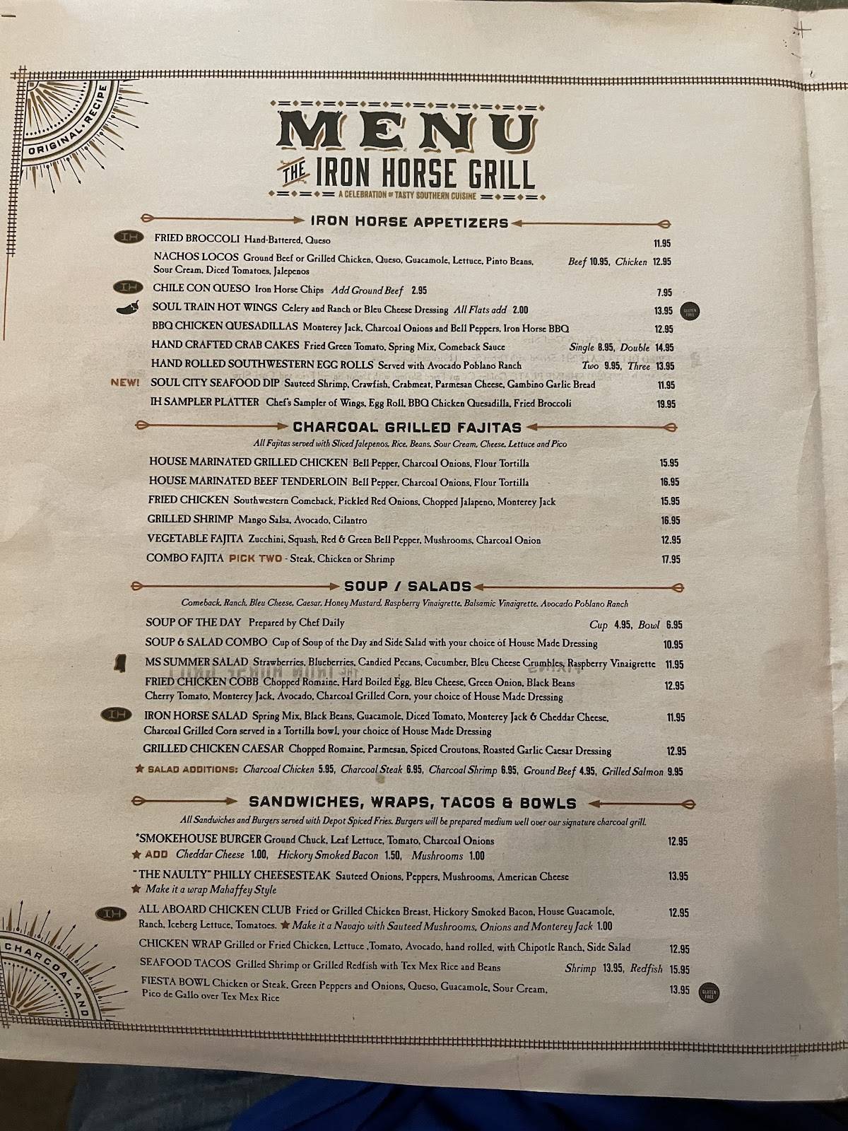 Menu at The Iron Horse Grill restaurant, Jackson