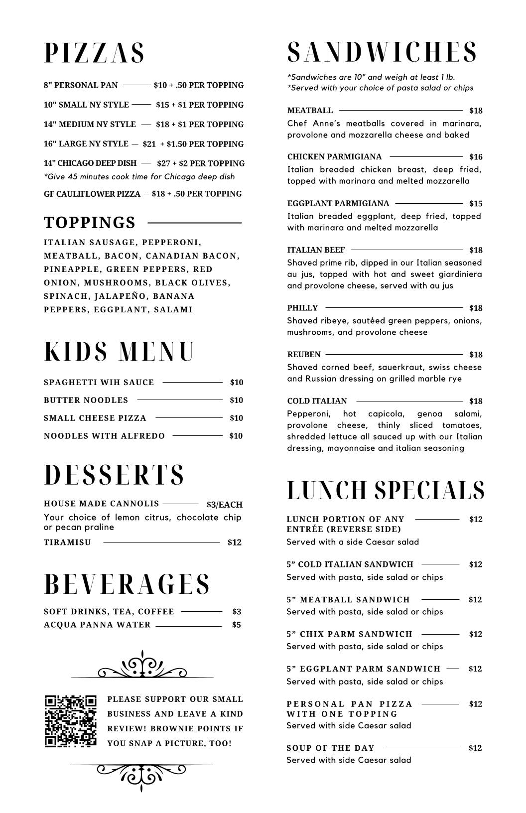 Menu at The Italian Kitchen pizzeria, Port Saint Joe