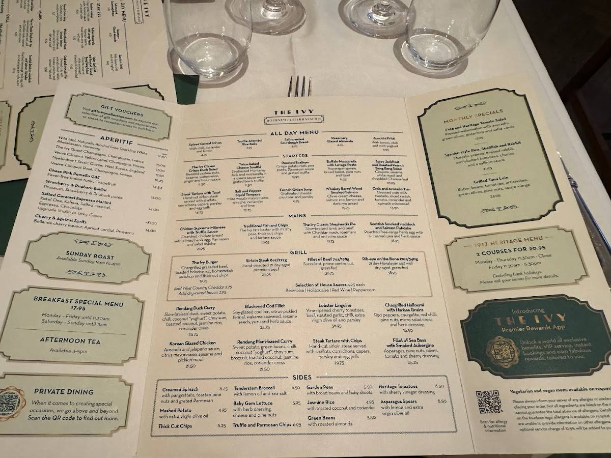 Menu at The Ivy Bournemouth Brasserie restaurant, Bournemouth