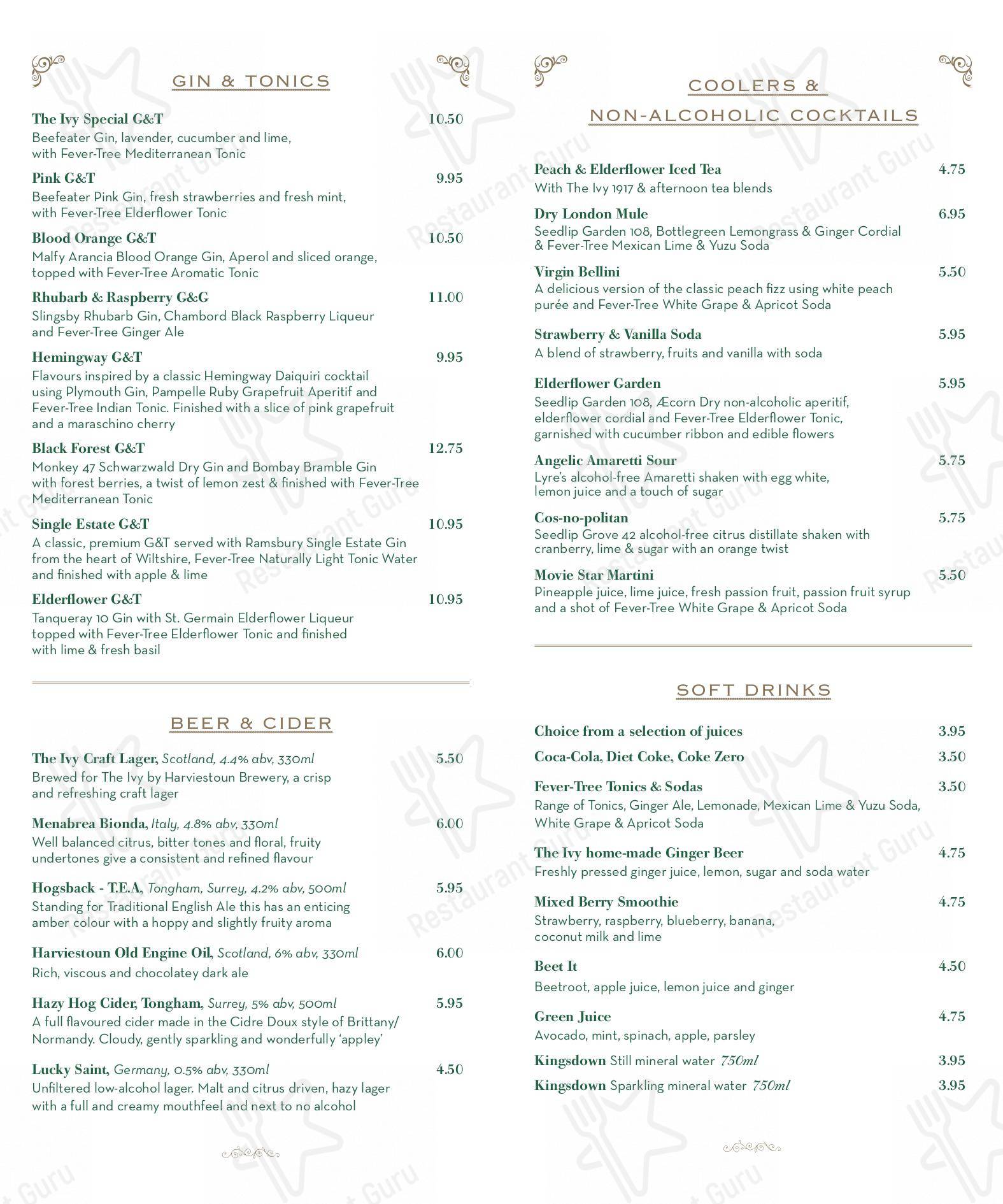 Menu at The Ivy Cobham Garden restaurant, Cobham