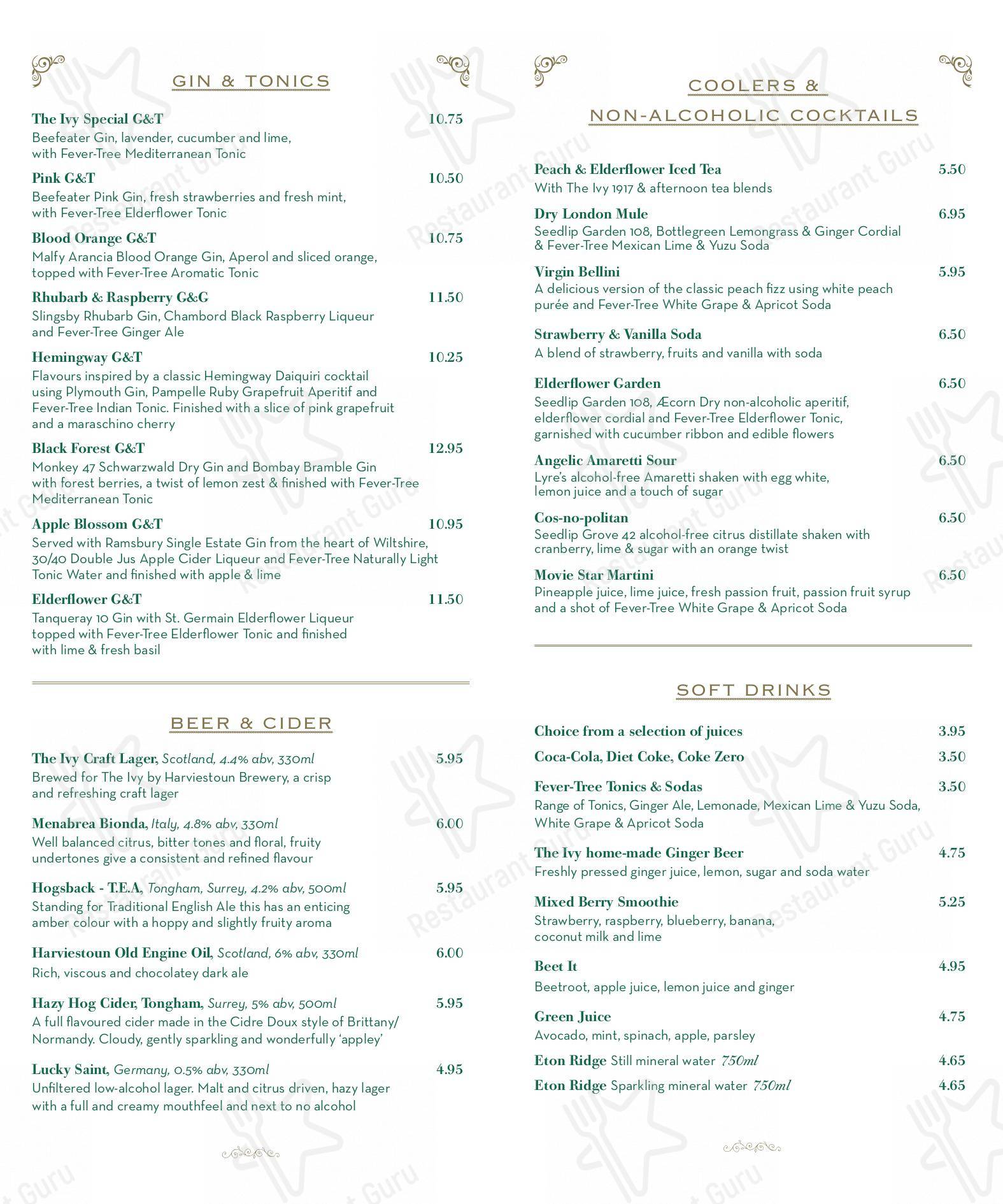 Menu at The Ivy Cobham Garden restaurant, Cobham