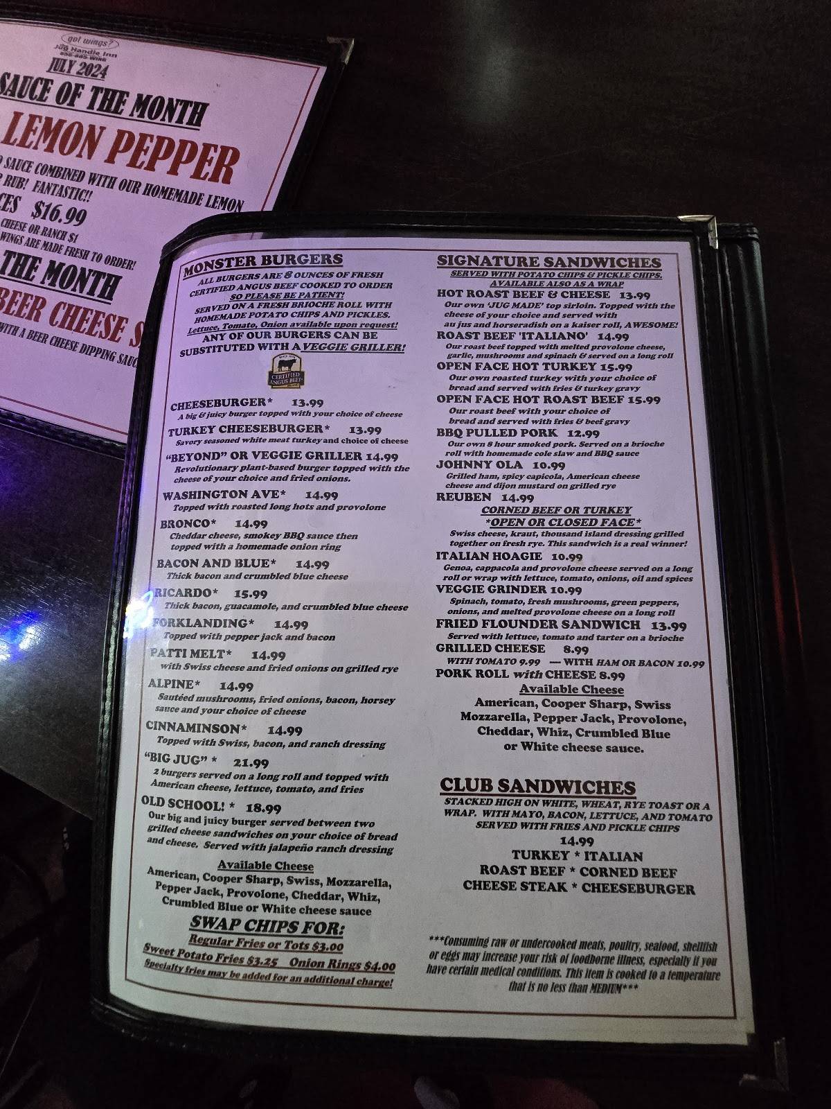 Menu at The Jug Handle Inn pub & bar, Cinnaminson, Forklanding Rd