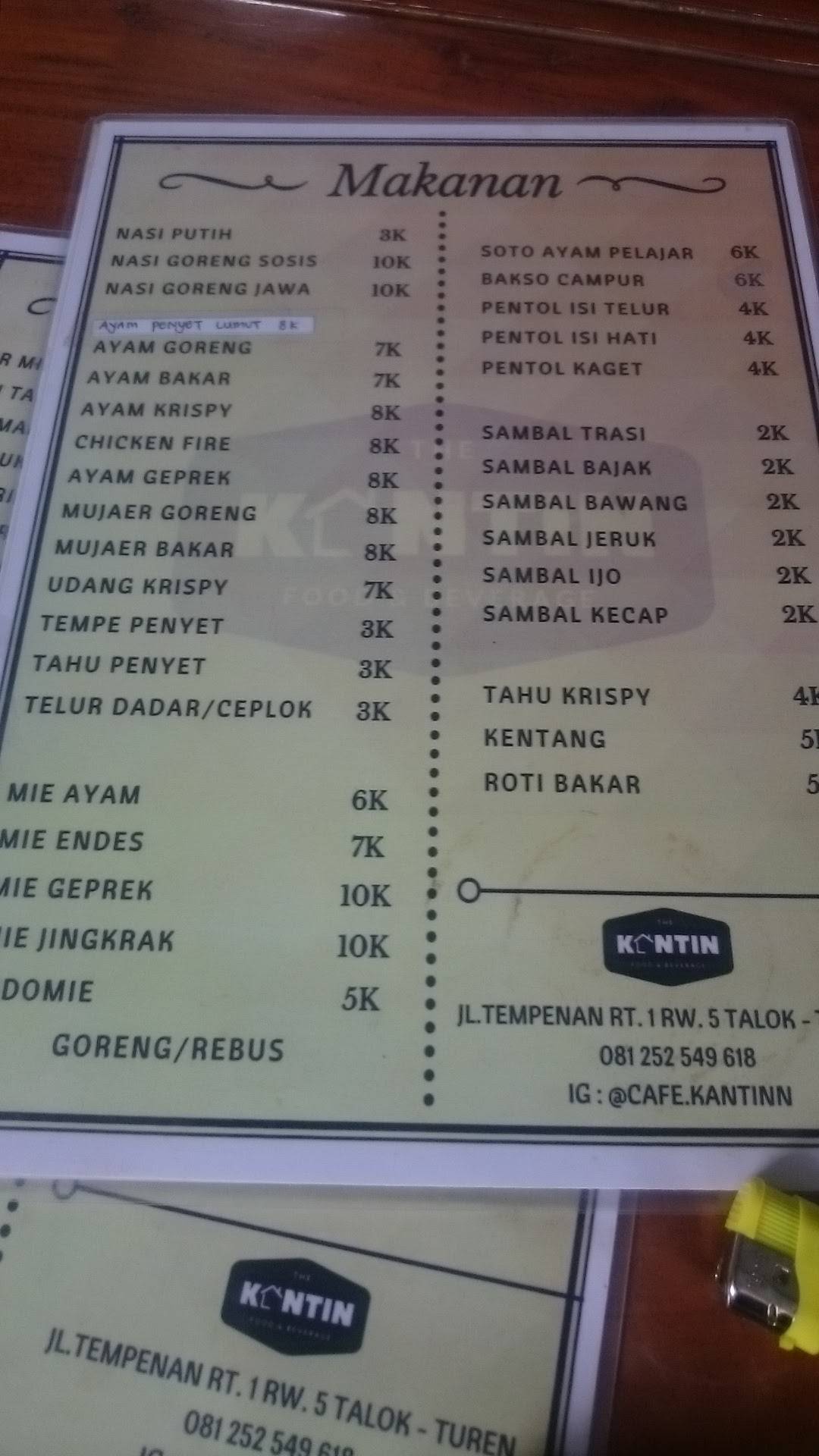 Carta del café The Kantin Food and Beverage, Talok