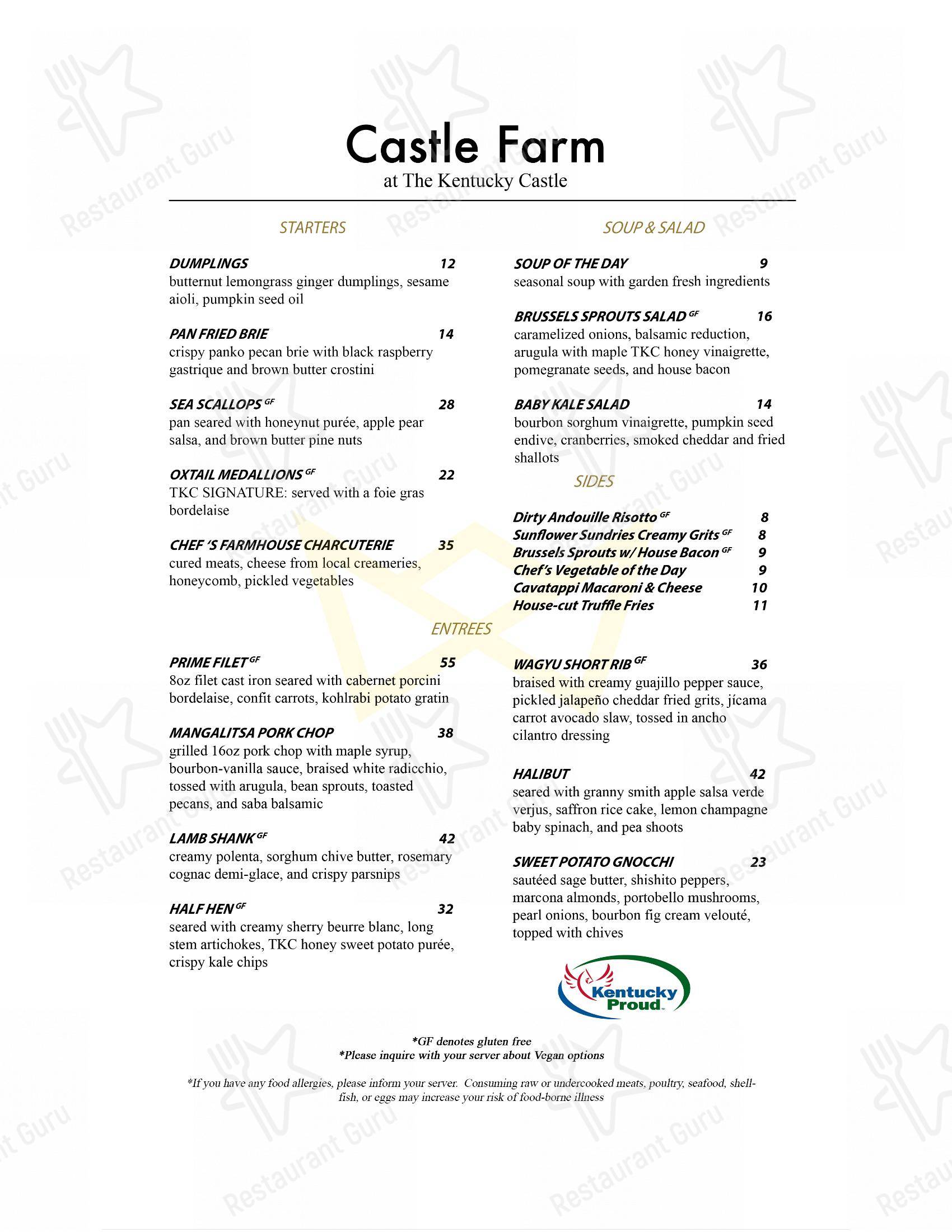 Menu at The Kentucky Castle restaurant, USA